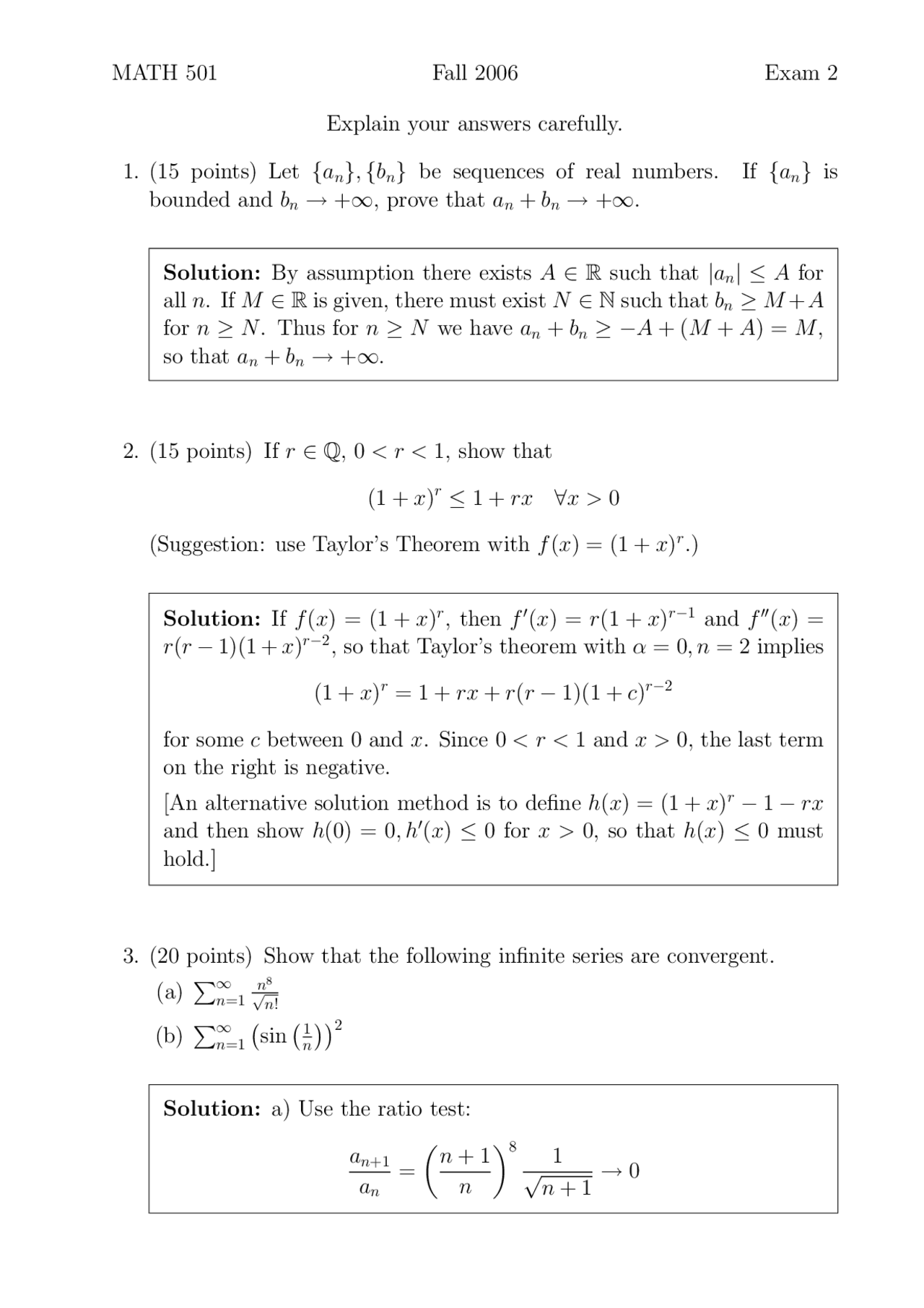 Exam 2 Questions With Solutions Introduction To Real Analysis Math