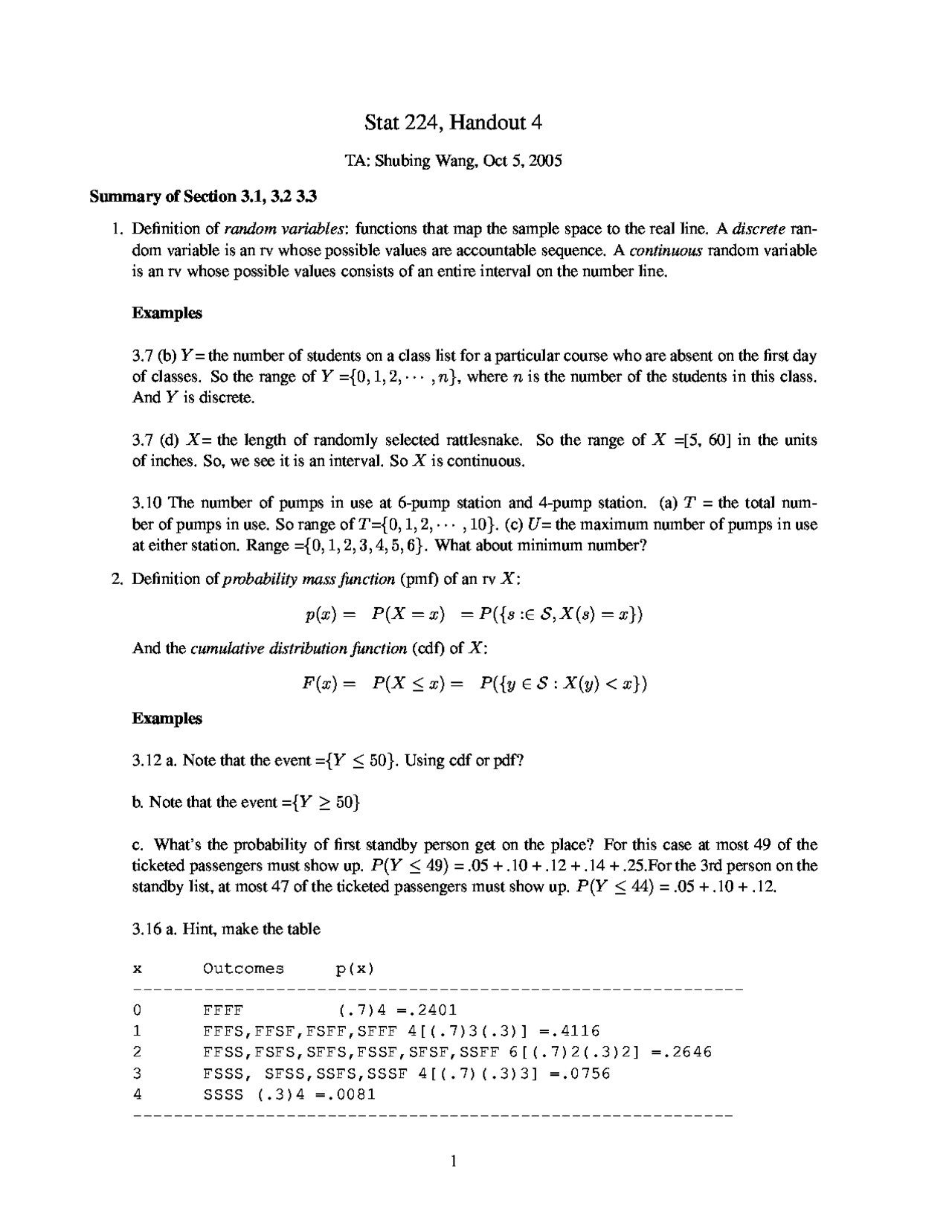 Introductory Statistics For Engineers Handout 4 Stat 224 Docsity