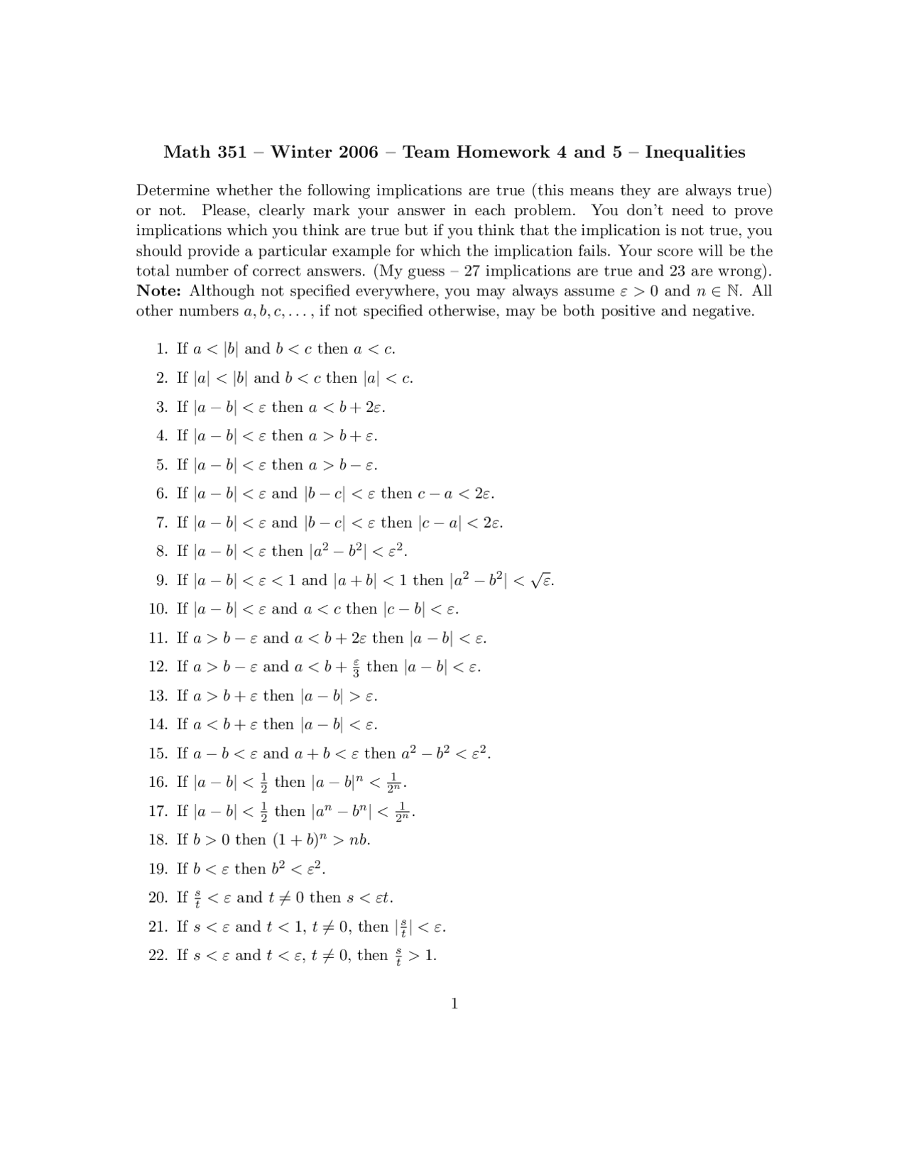 Inequalities Homework 4 And 5 Principles Of Analysis Math 351