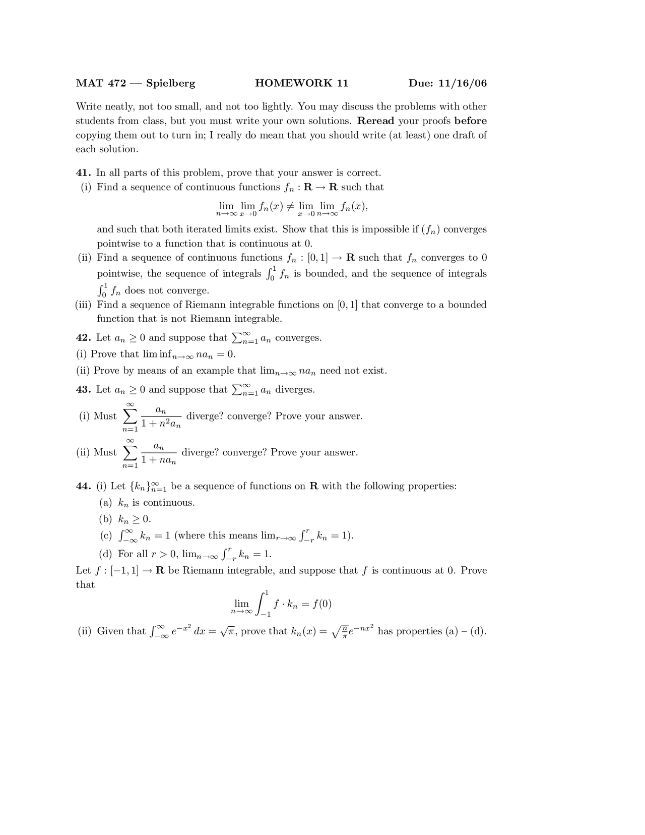 Intermediate Real Analysis I Assignment 11 Questions Mat 472 Docsity