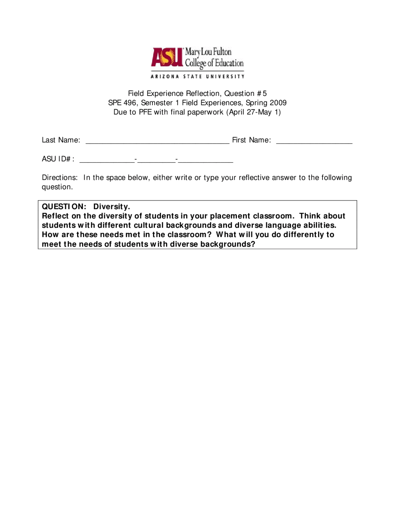 Field Experience III Reflection | SPE 496 (PRA) - Docsity