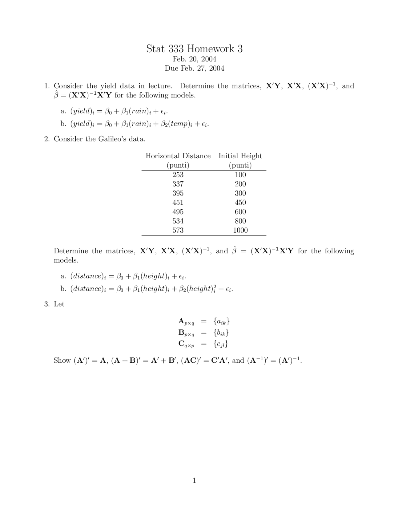 Applied Regression Analysis Homework Iii Questions Stat 333 Docsity