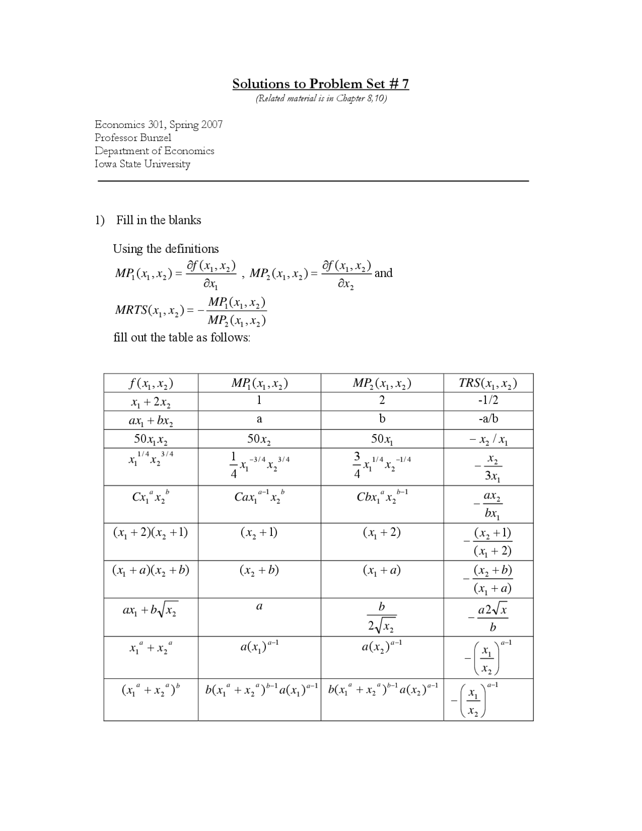 Solutions To Problem Set 7 Intermediate Microeconomics Econ 301