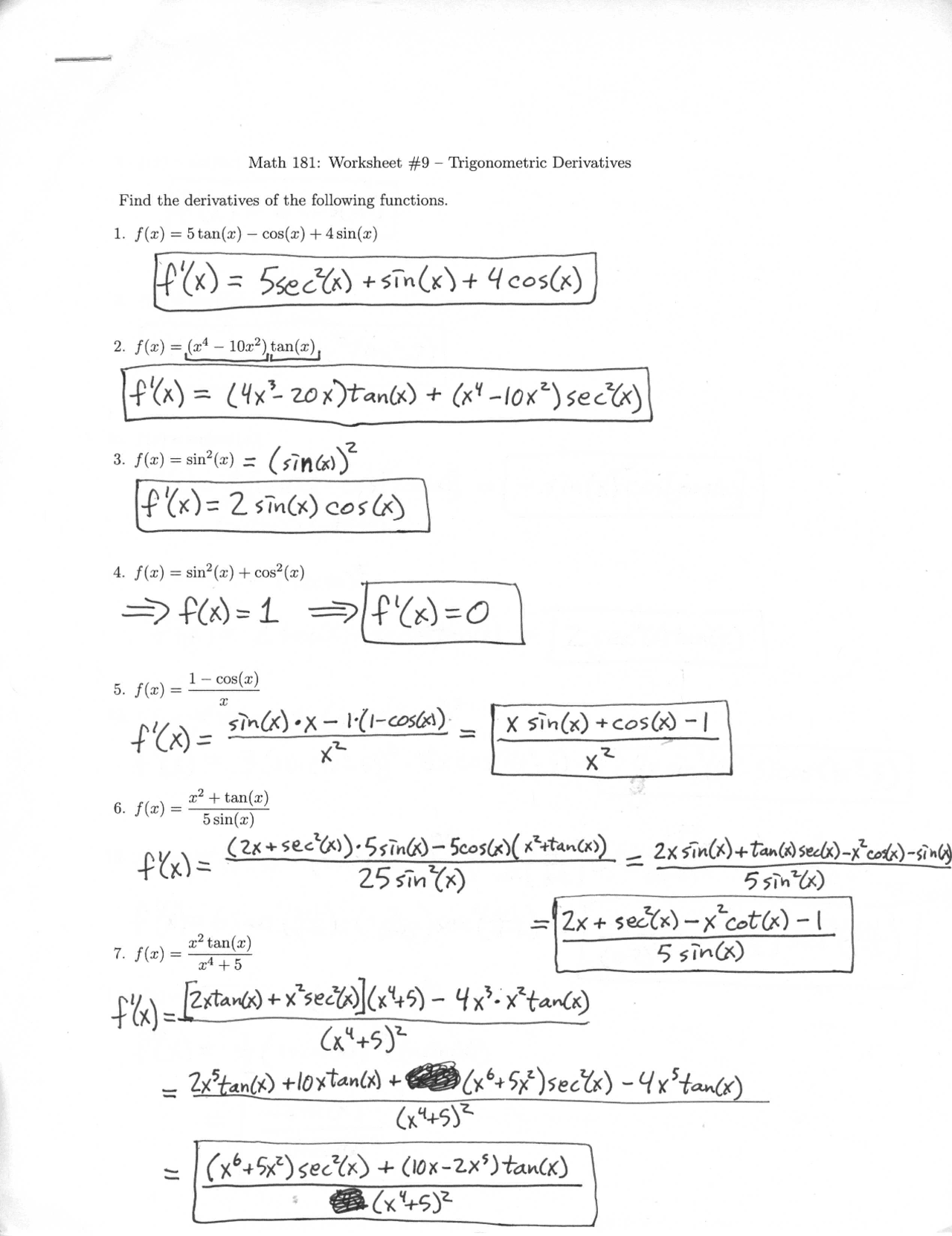 Trigonometric Derivatives - Worksheet 9 | MATH 181 - Docsity