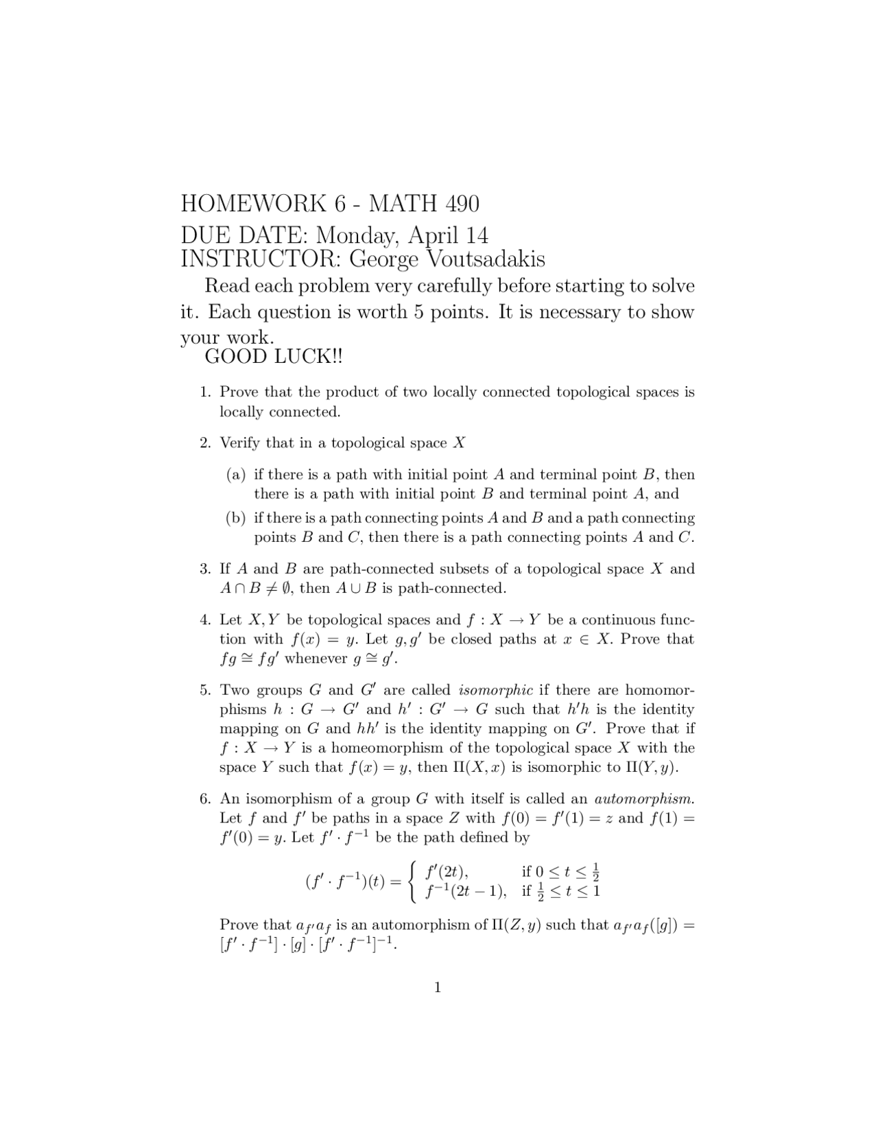 Homework Six Questions Unsolved - Independent Study | MATH 490 - Docsity