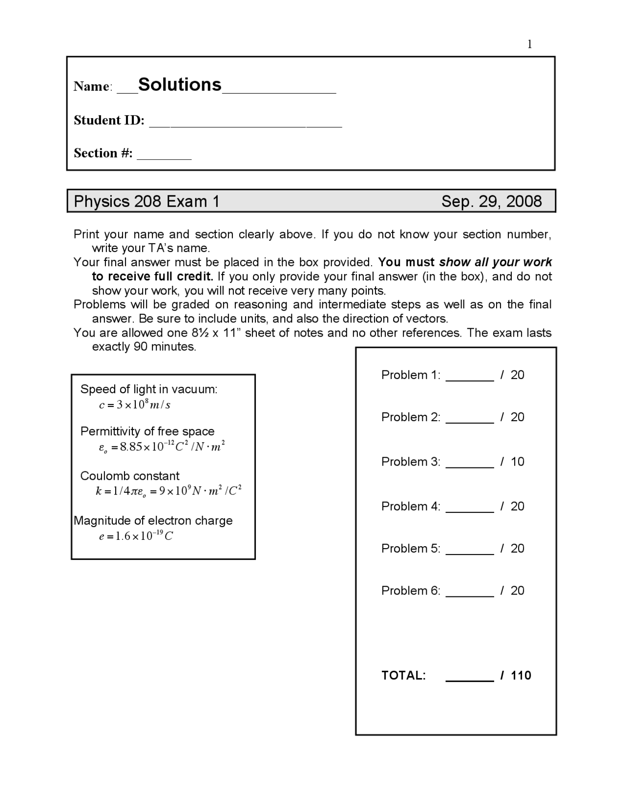 Exam 1 Solutions for General Physics | PHYSICS 208 | Exams Physics | Docsity