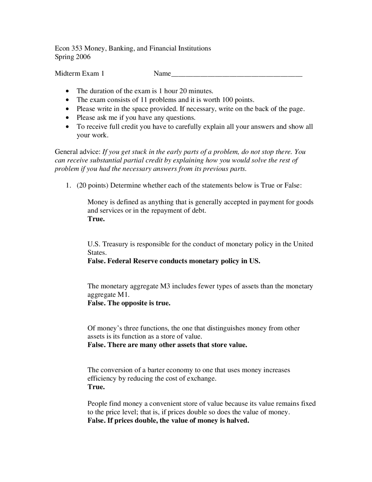 Midterm Exam Question With Solutions Money And Banking Econ 353