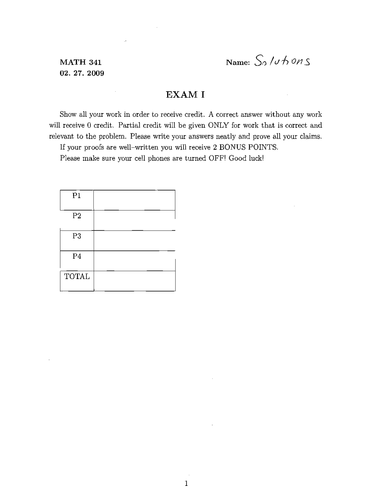 Exam 1 Solution Linear Algebra Math 341 Docsity