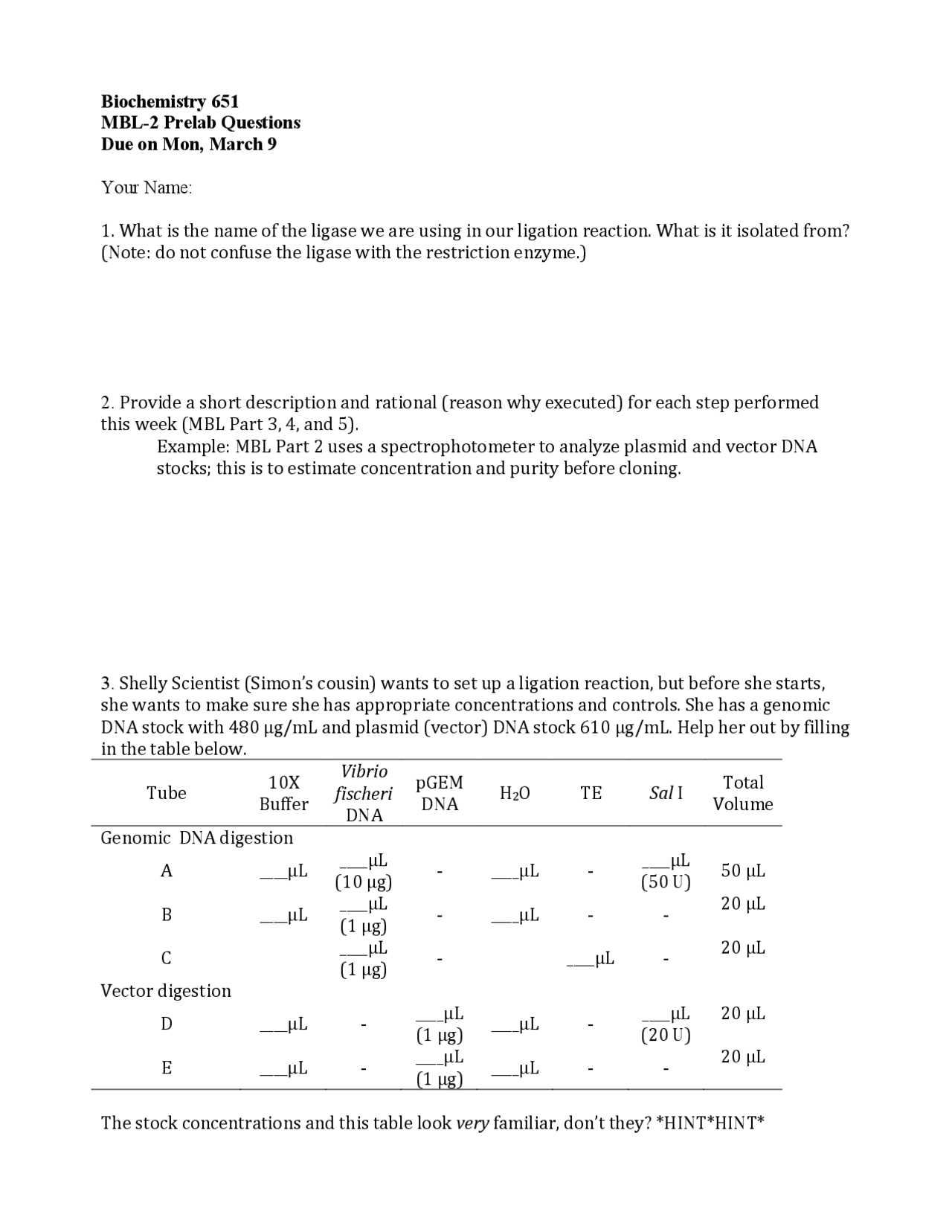 Biochemical Methods Mbl 2 Pre Lab Questions Biochem 651 Docsity