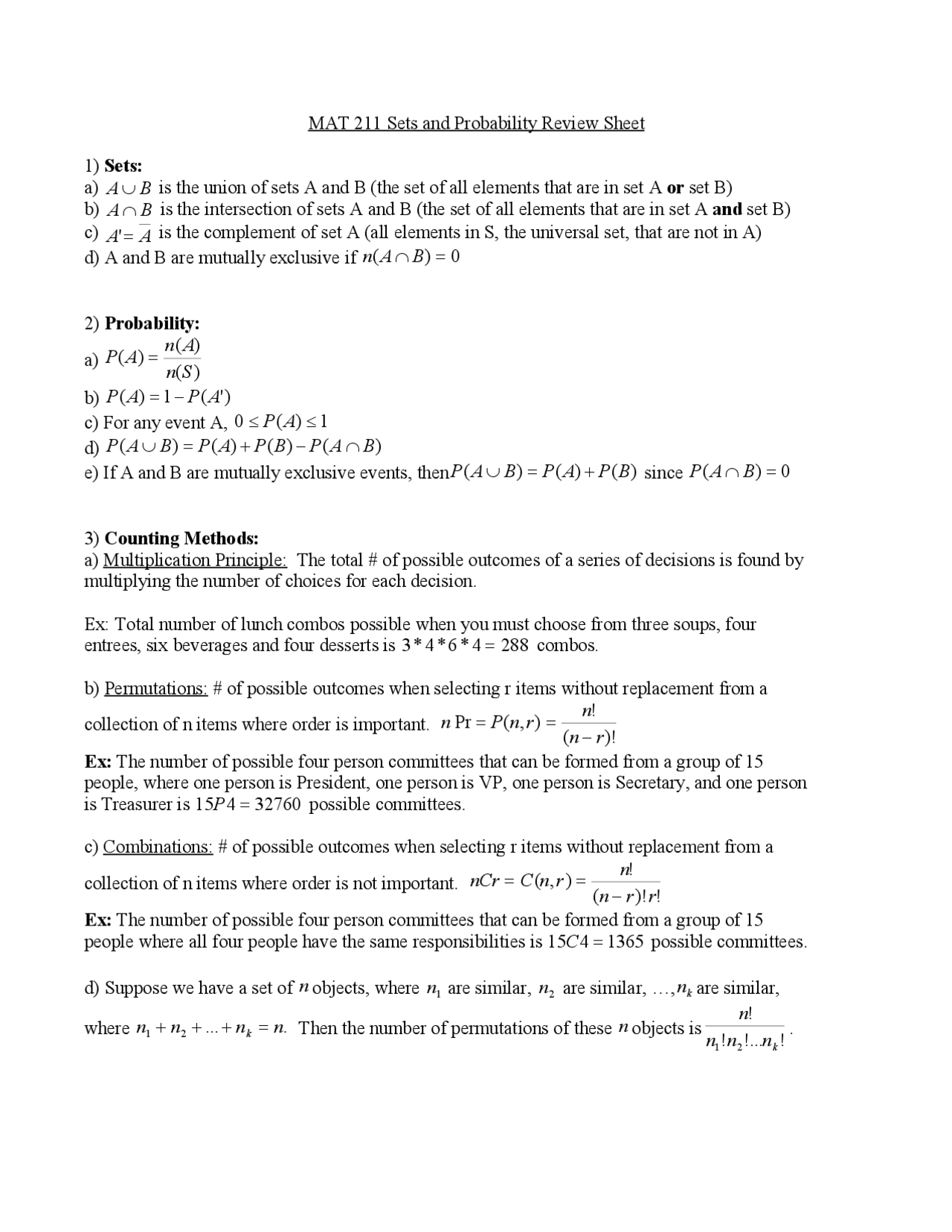 Sets and Probability - Review Sheet | MAT 211 - Docsity