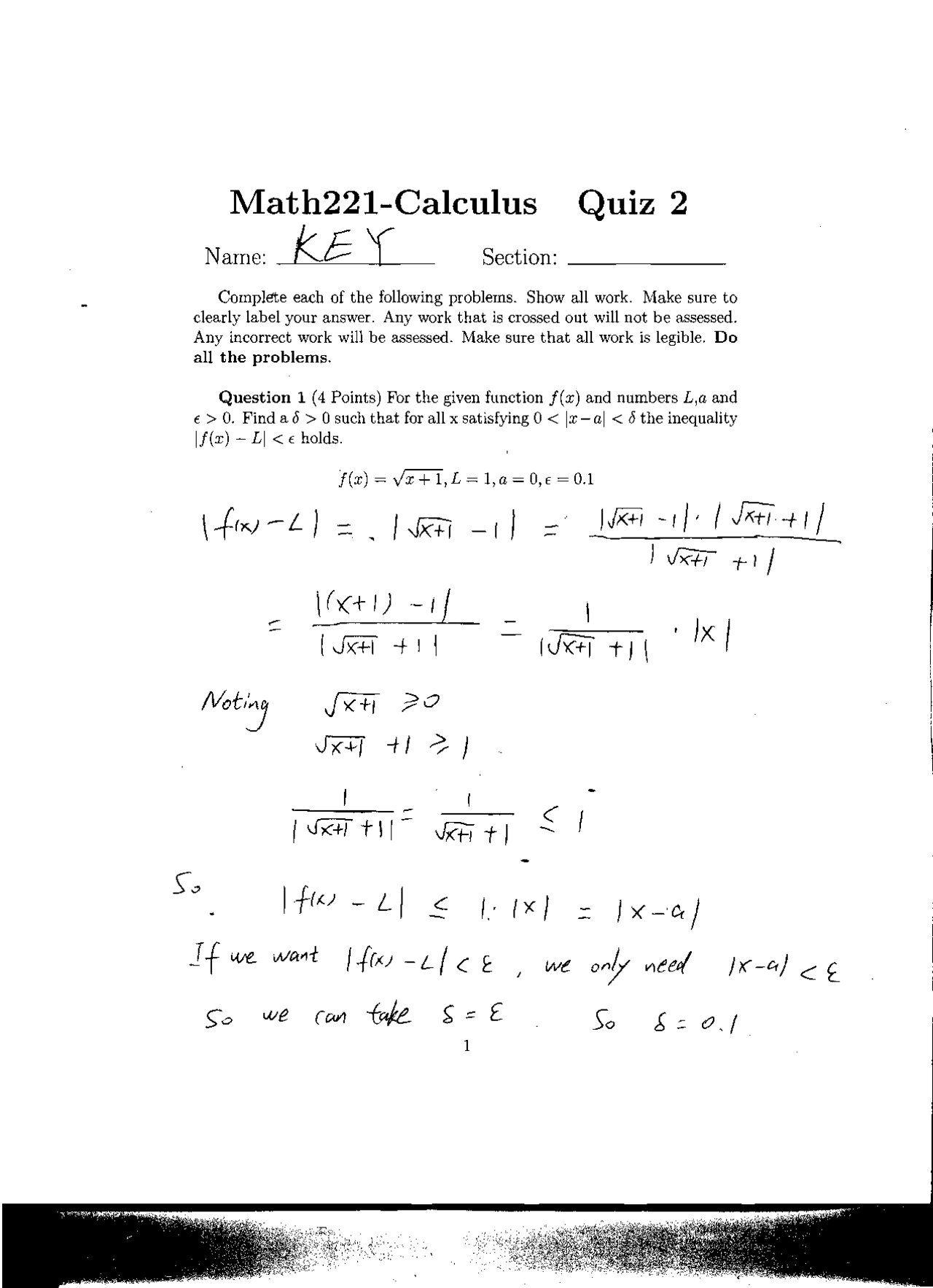 Quiz 2 With Solutions Calculus And Analytic Geometry Math 221 Docsity