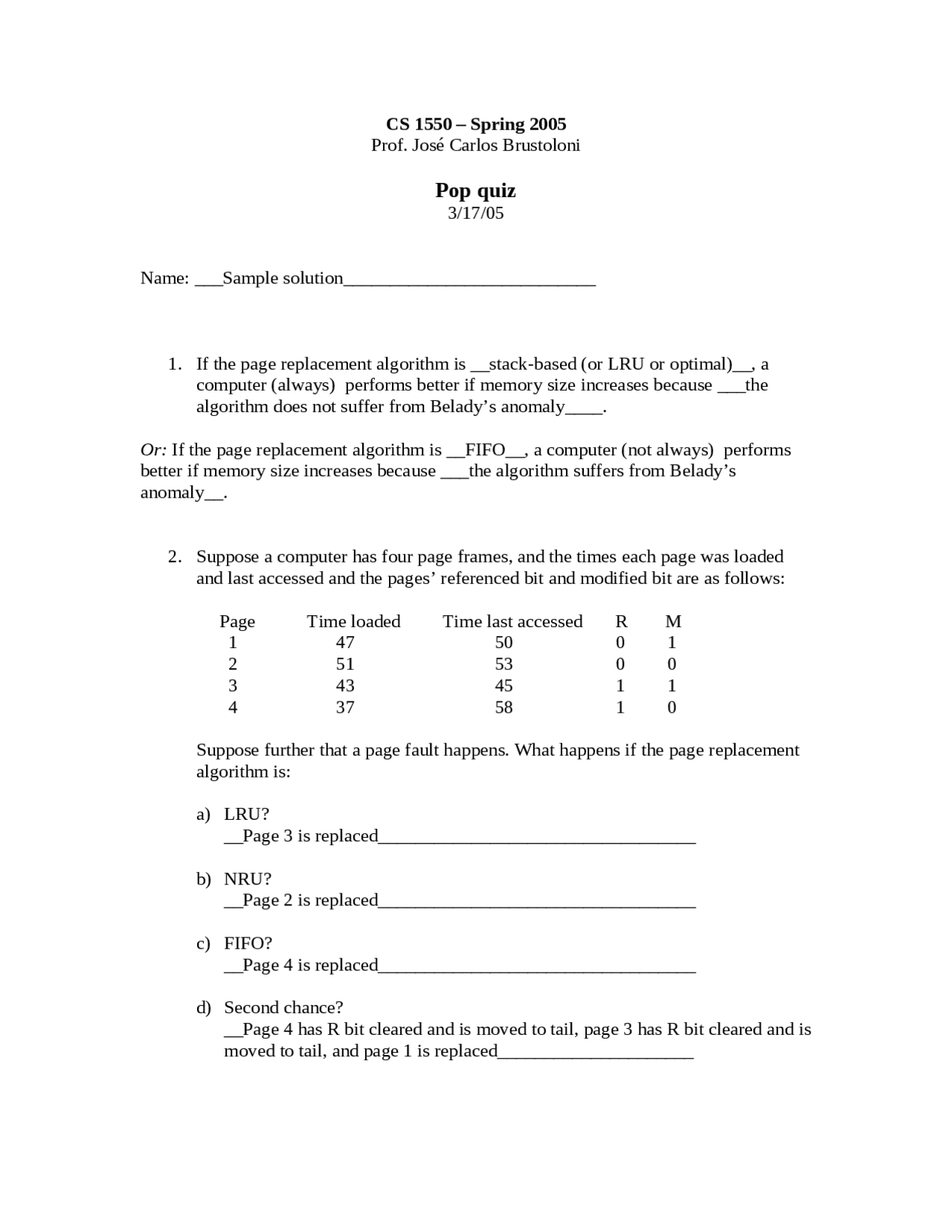 Quiz 3 Questions for Solution - Introduction to Operating Systems | CS 1550 - Docsity