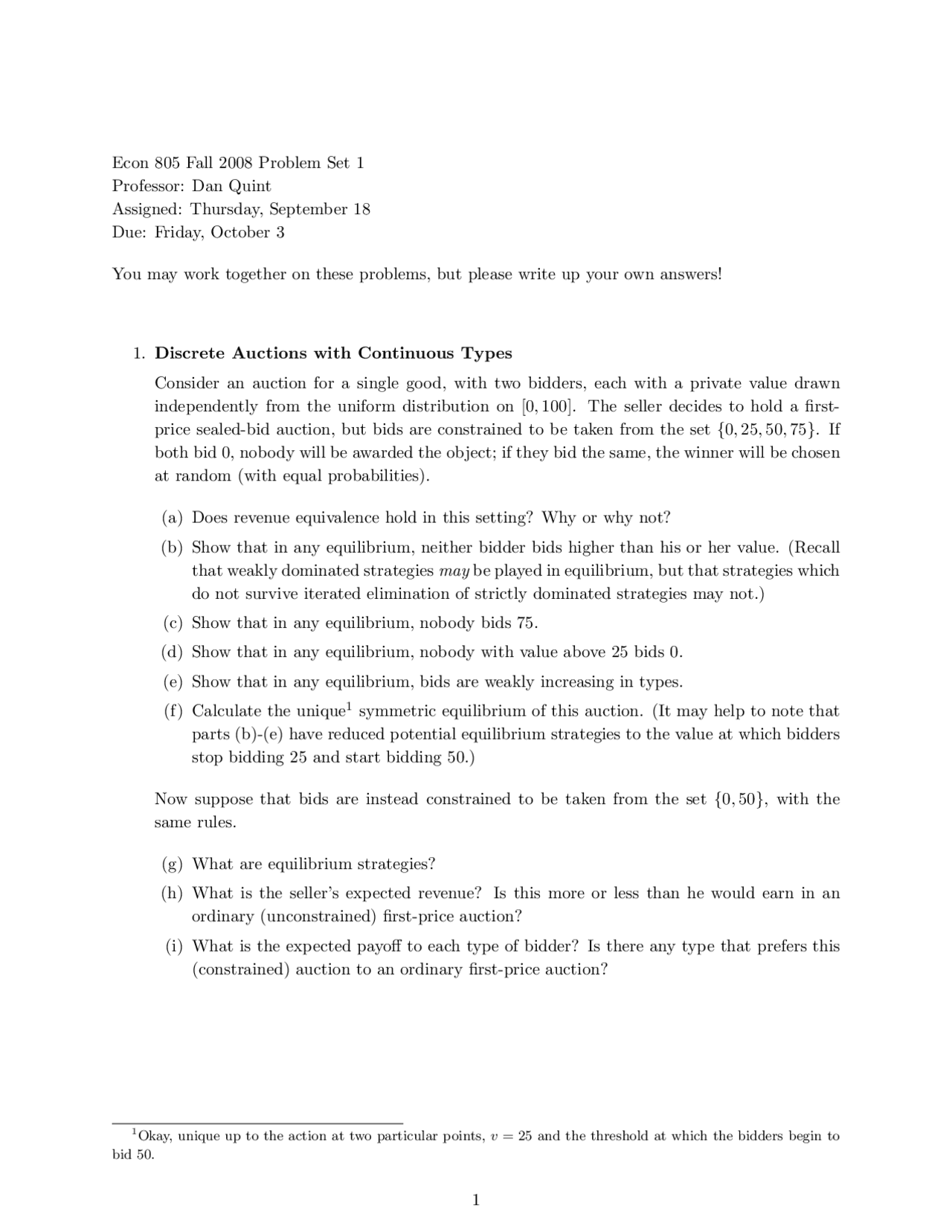 Advanced Microeconomic Theory I Problem Set 1 Econ 805 Docsity