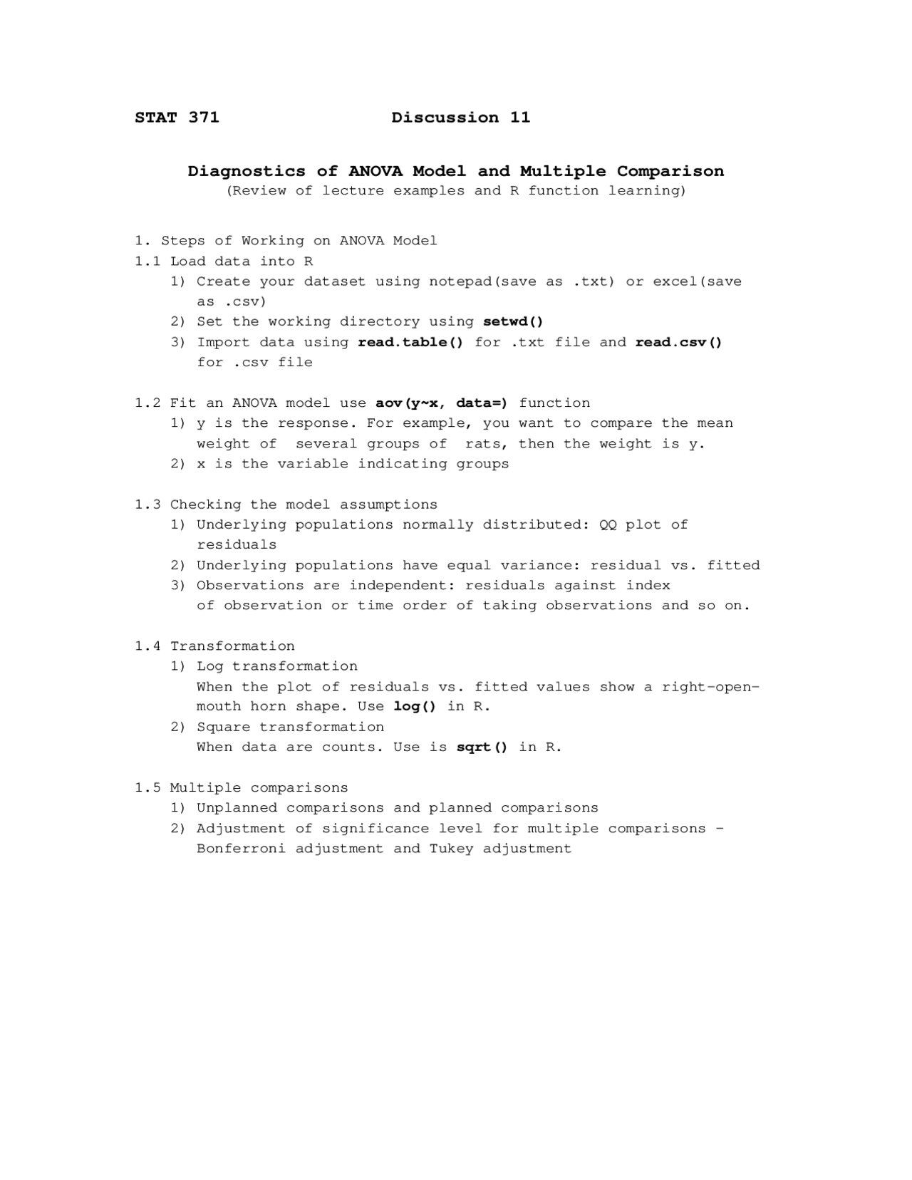 Diagnostic Of Anova Model And Multiple Comparison Lecture Notes