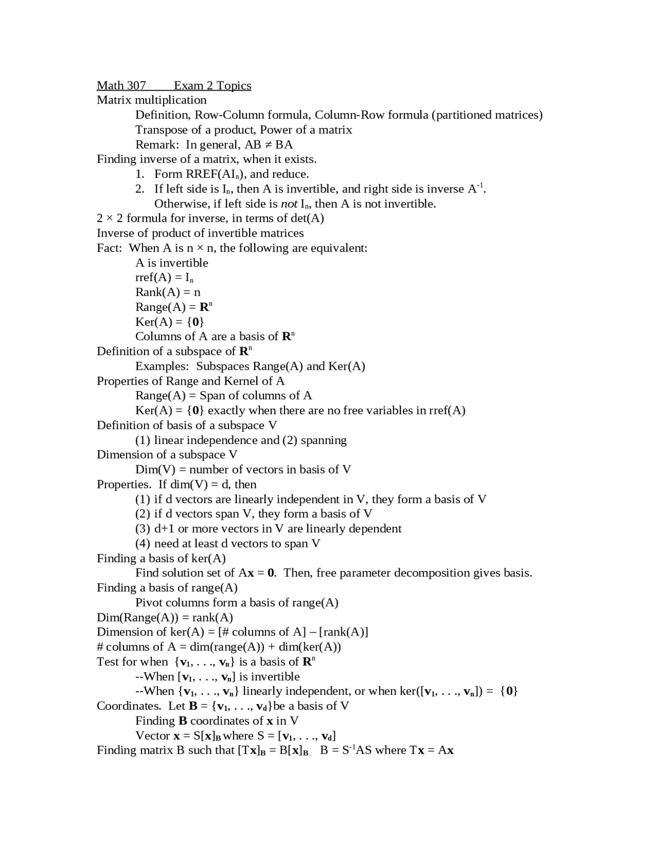 Matrix Multiplication, Inverse of Matrix - Exam 2 Topics | MATH 307 - Docsity