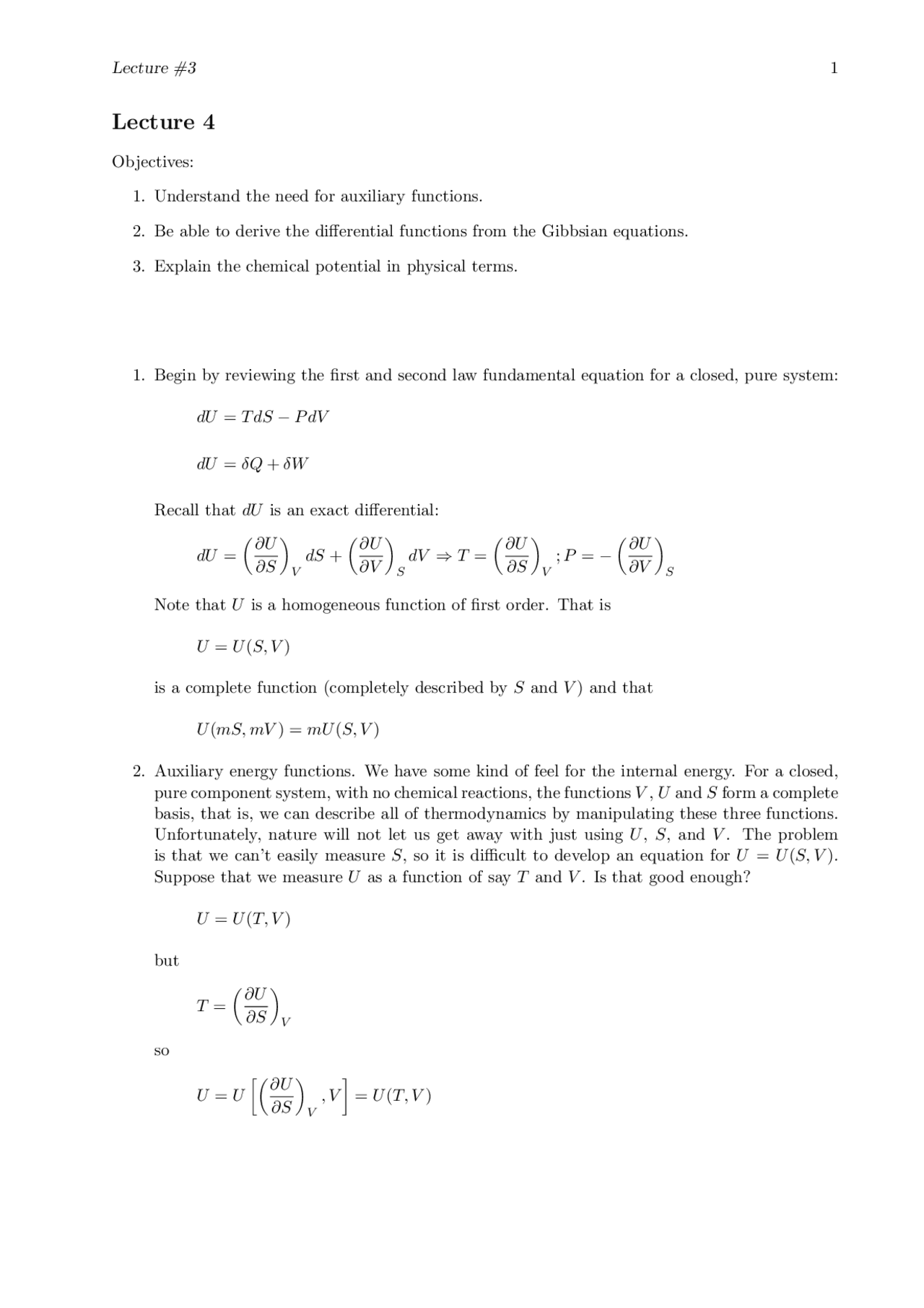 Auxiliary Function and Gibbsian Equations - Lecture Notes | CHE 2101 ...