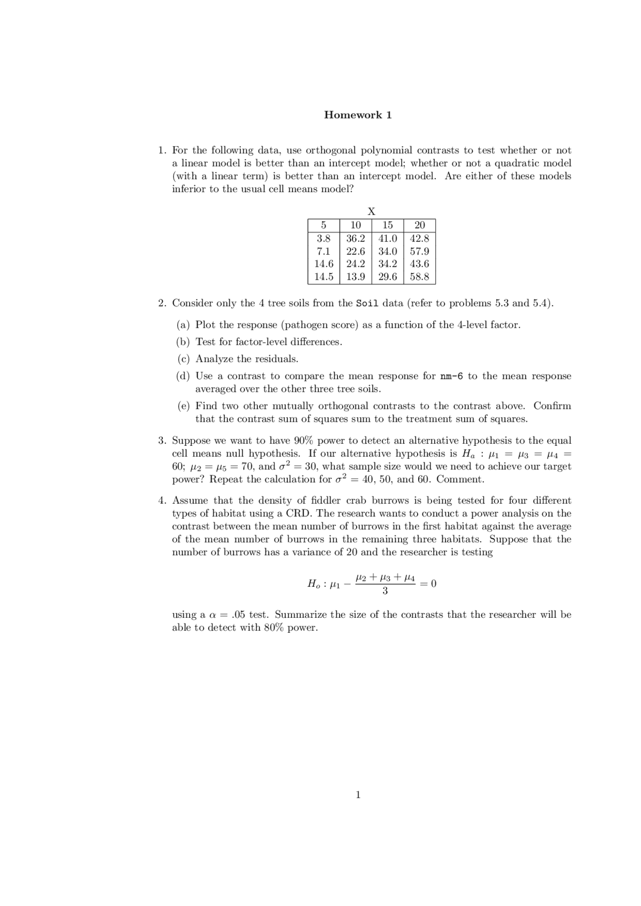 Homework 1 4 Questions On Experimental Design Stat 706 Docsity