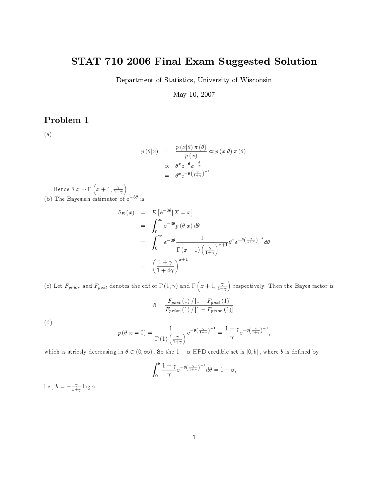 Final Exam Suggested Solution Mathematical Statistics Stat 710