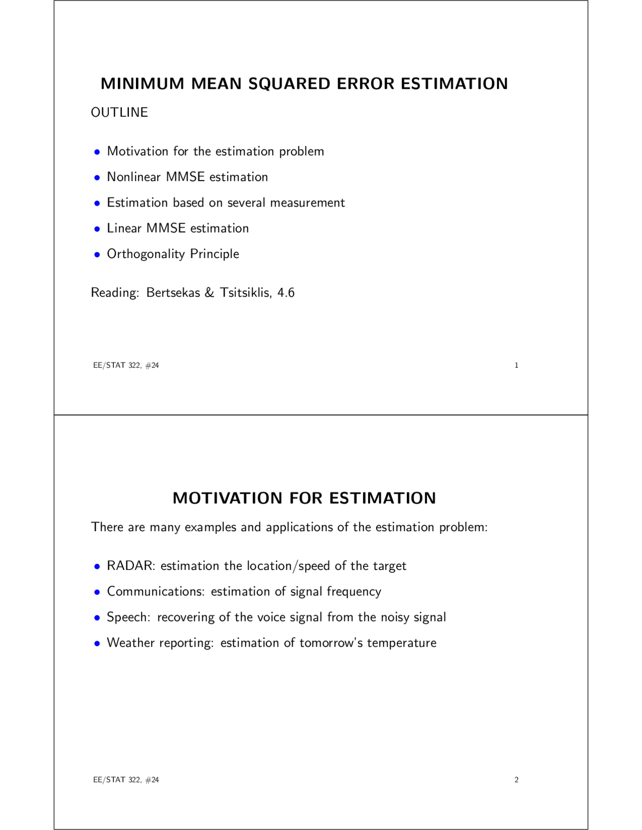 Outline For Minimum Mean Squared Error Estimation Stat 322 Docsity