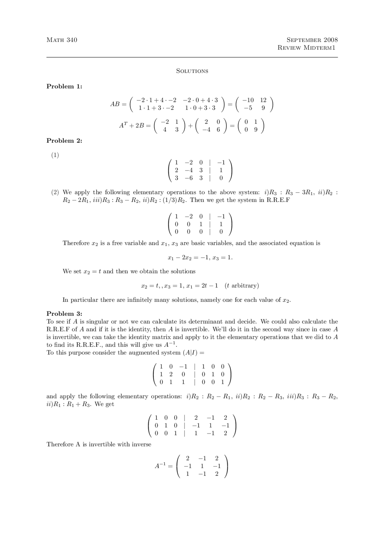 5 Solved Questions - Elementary Matrix and Linear Algebra | MATH 340 ...