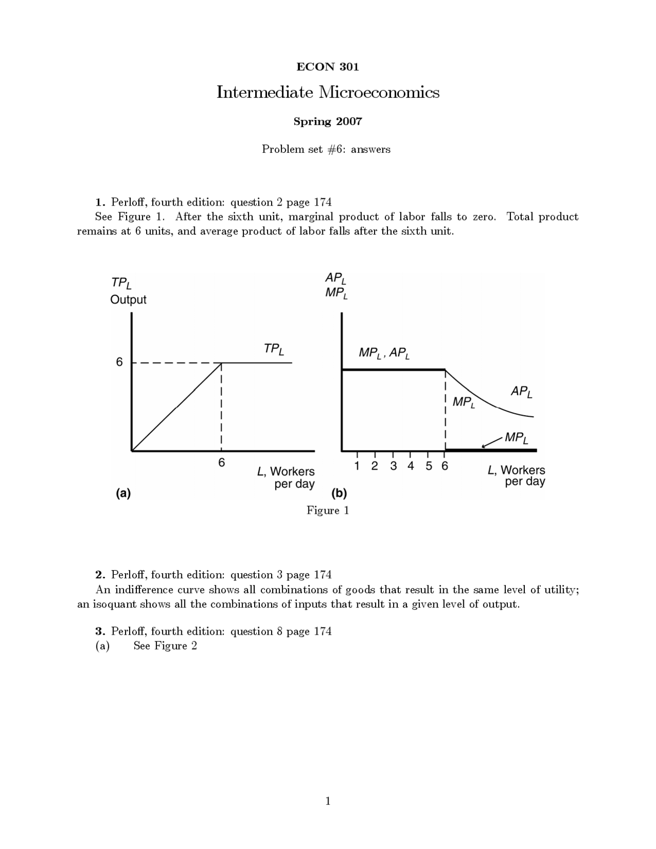 Intermediate Microeconomics Problem Set Answers for ECON 301, Spring 2007 | Assignments ...