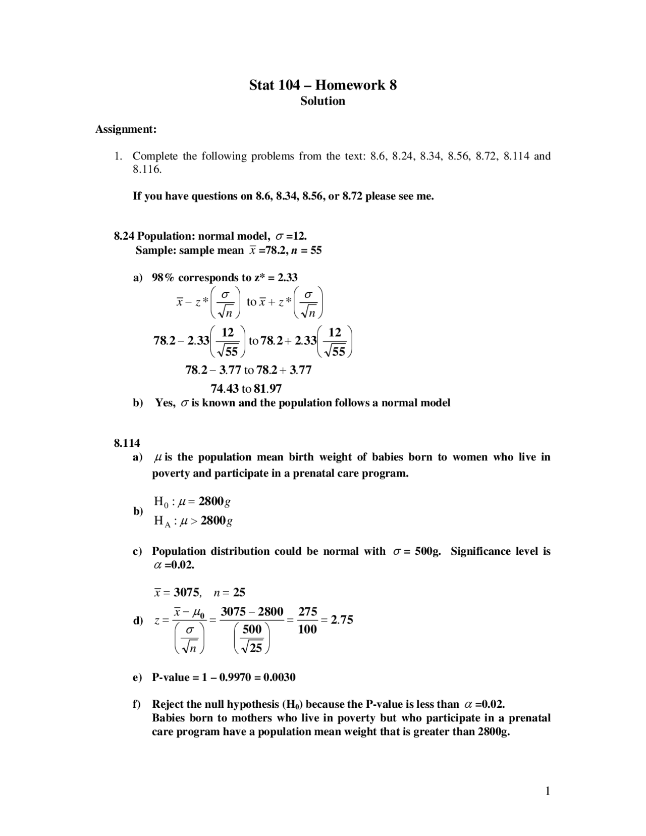 Homework 8 Solutions Introduction To Statistics Stat 104 Docsity