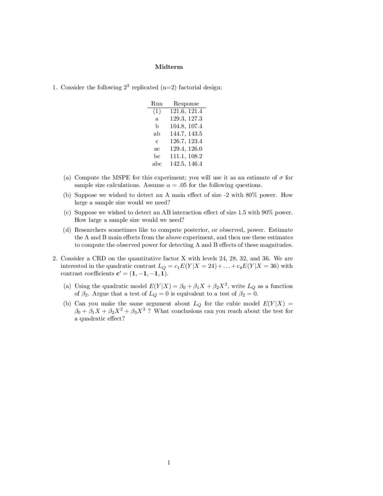 Sample Midterm Exam For Experimental Design Stat 706 Docsity