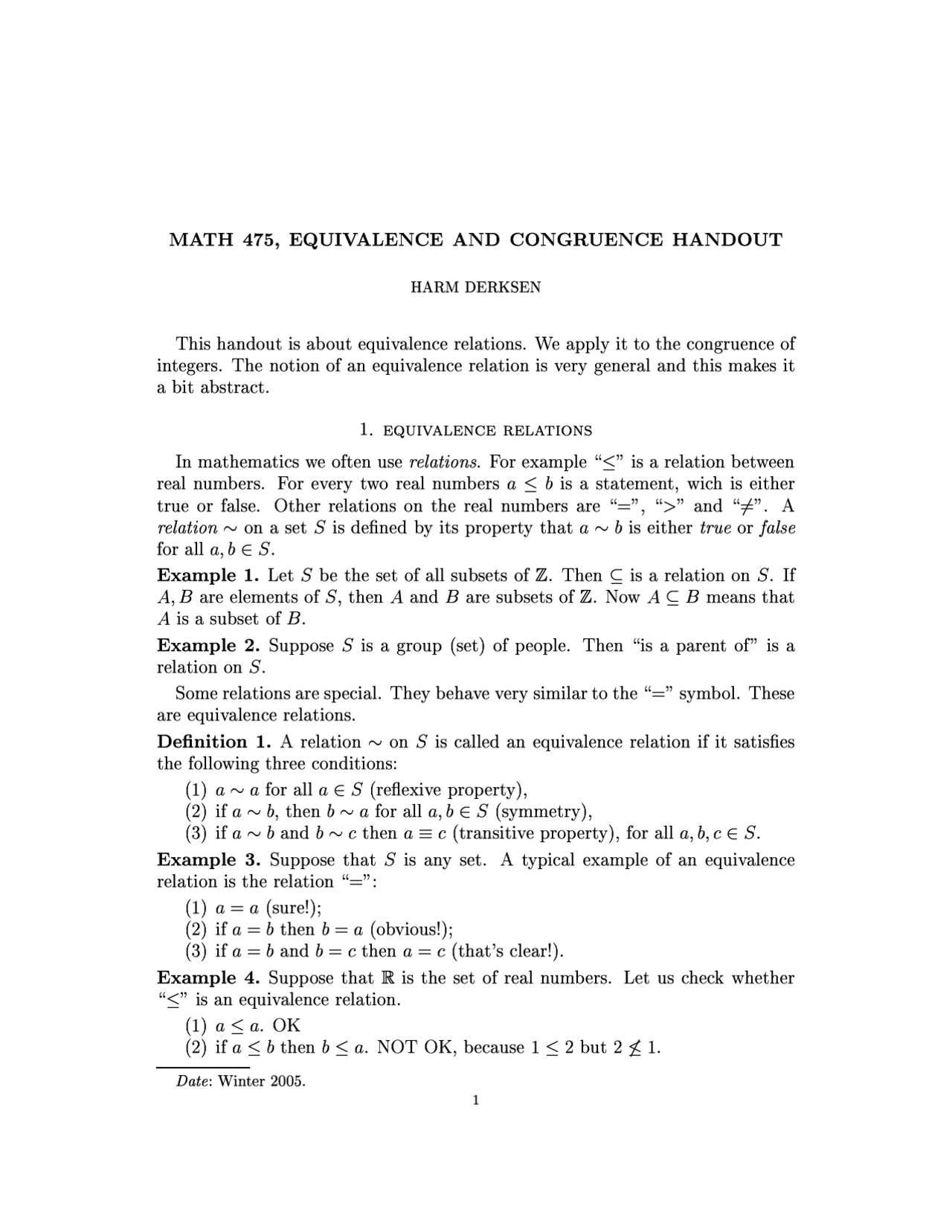 Equivalence And Congruence Handout Lecture Notes Math 475 Docsity