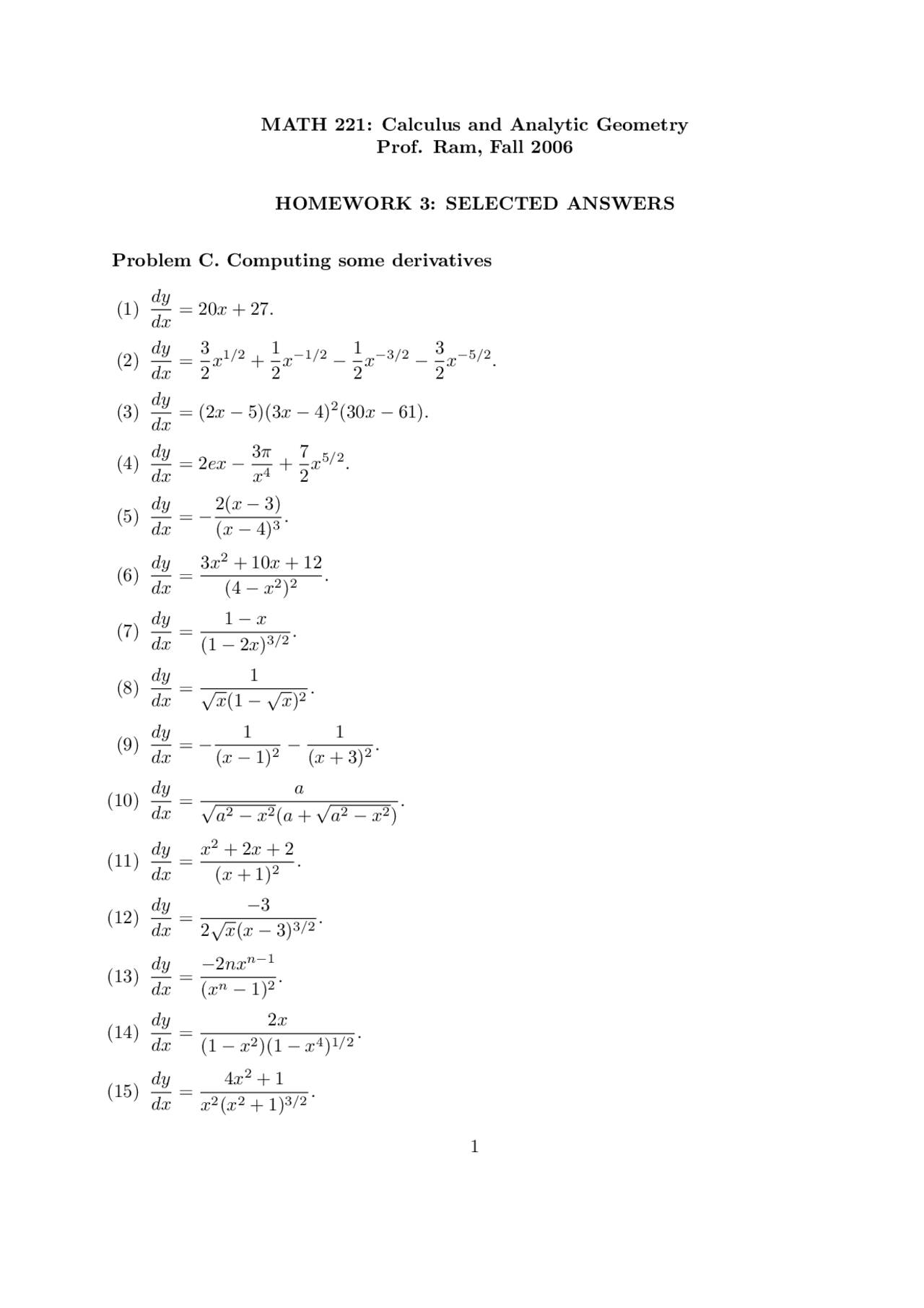 Calculus And Analytic Geometry Homework 3 With Solutions Math 221
