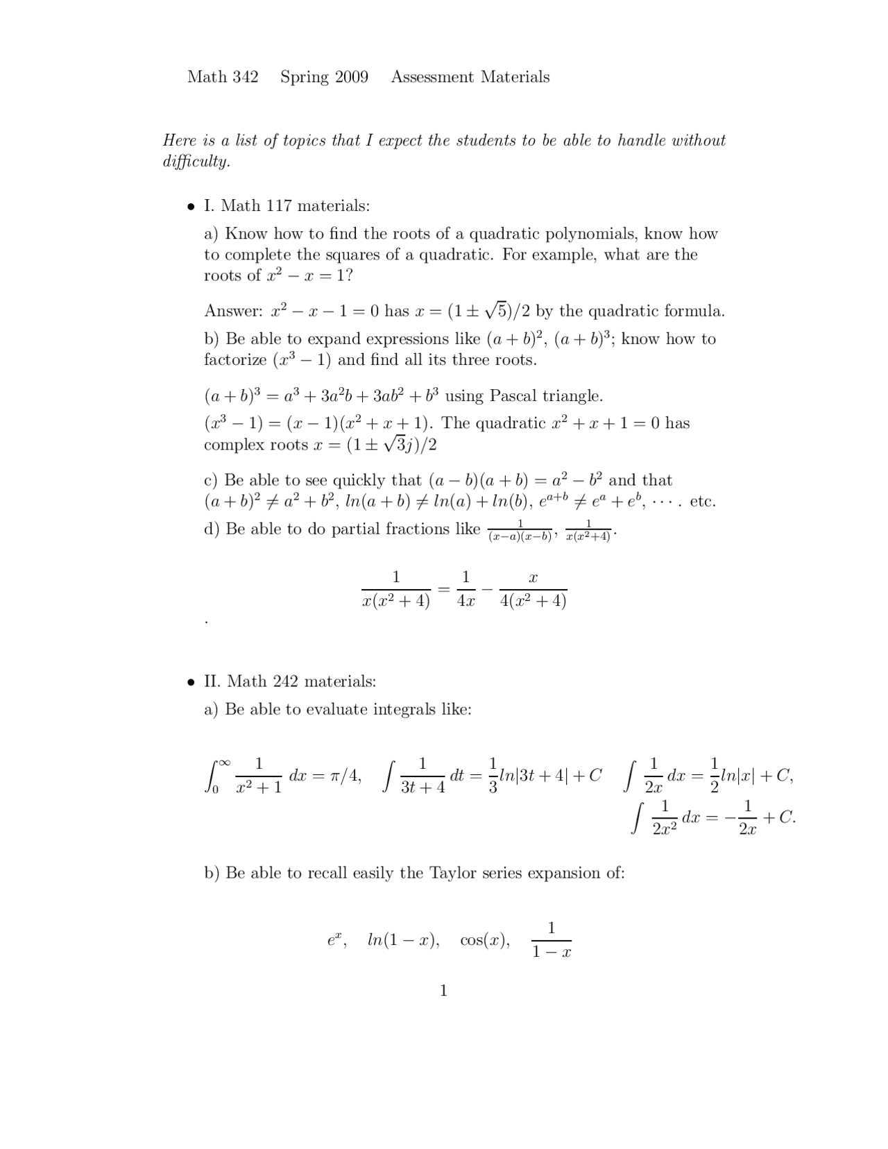 Assessment Materials For Analytic Geometry And Calculus B Math 242