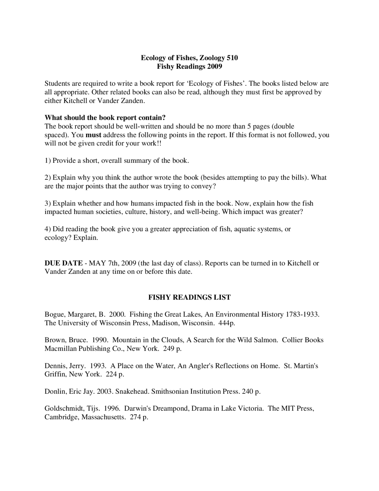 Assignment for Fishy Readings - Ecology of Fishes | ZOOLOGY 510 - Docsity