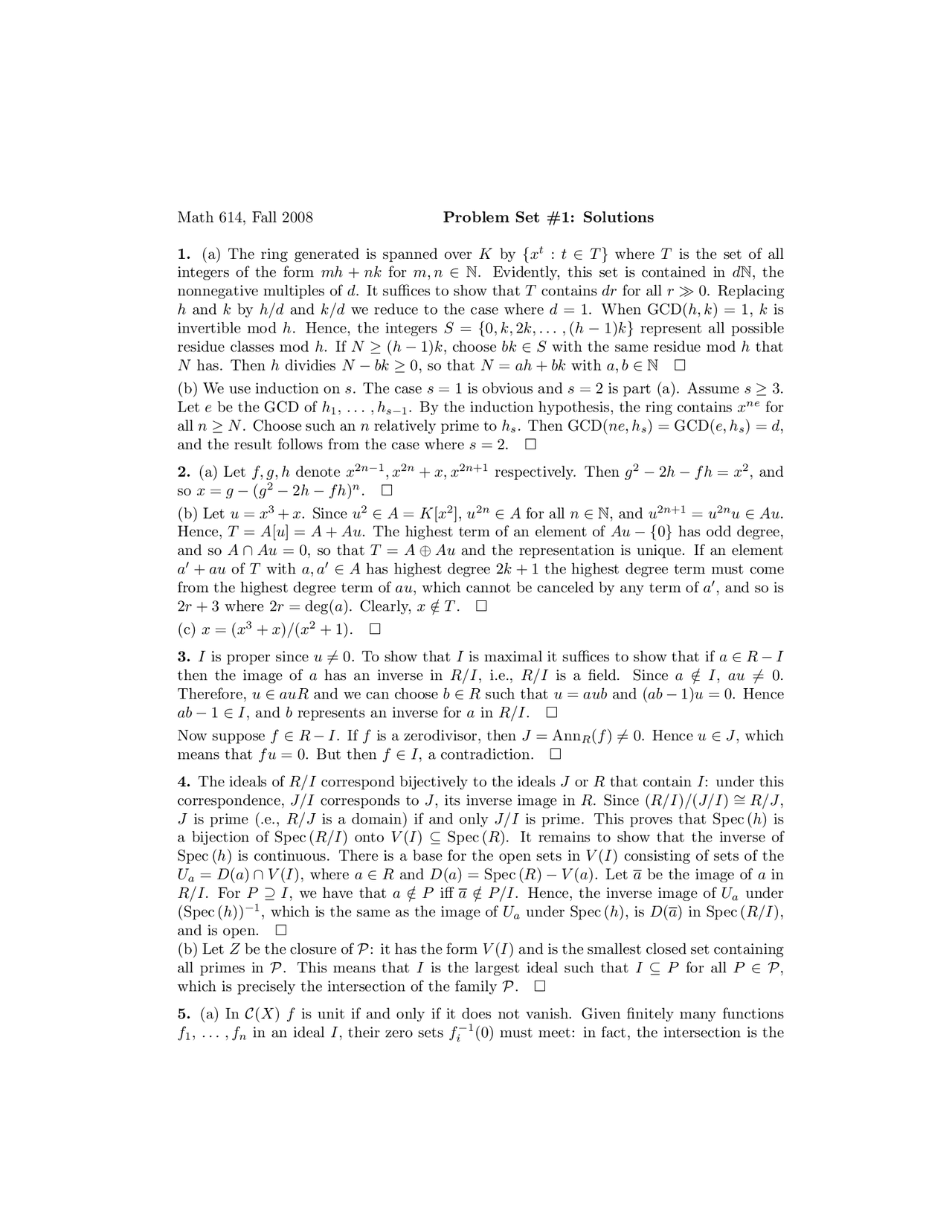 Solutions to Problem Set #1 in Math 614, Fall 2008 | Assignments Mathematics | Docsity