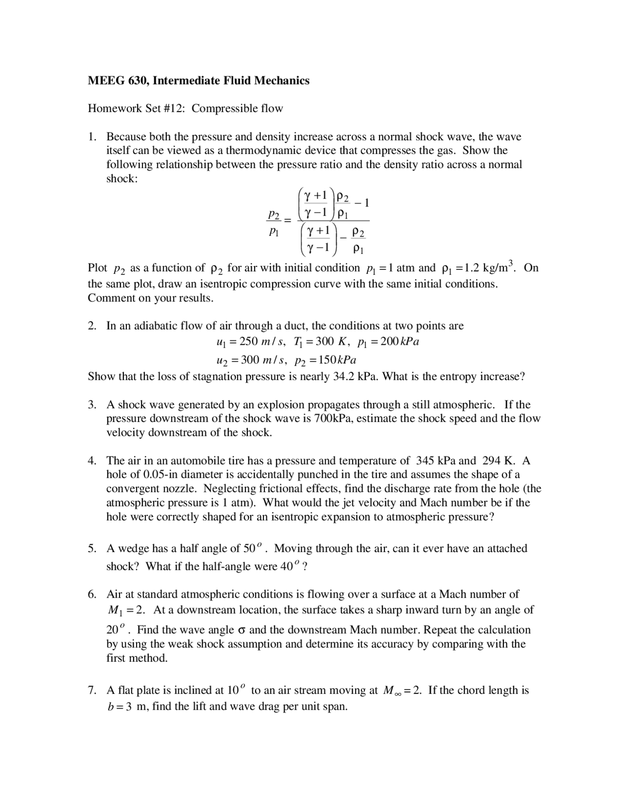 Homework Set 12: Compressible Flow - Intermediate Fluid Mechanics | MEEG 630 - Docsity