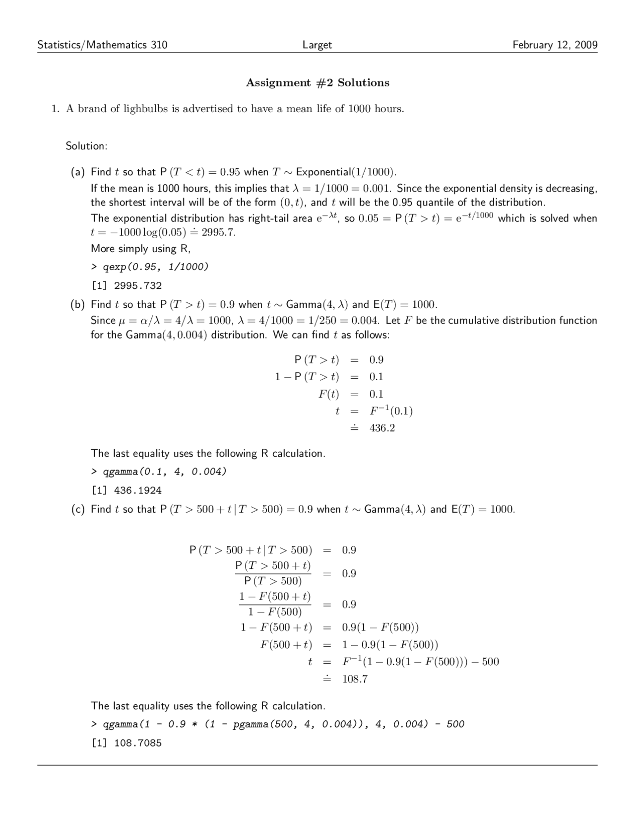 Assignment 2 With Solutions For Introduction To Mathematical Statistics Math 310 Docsity