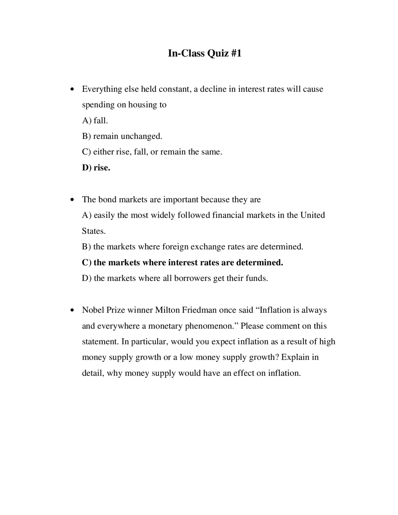 3 Multiple Choice Questions Money And Bank Quiz 1 Econ 353 Docsity