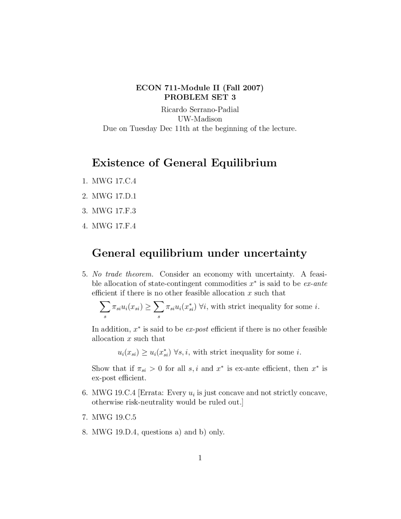 Problem Set 3 For Economic Theory Microeconomics Sequence Econ 711