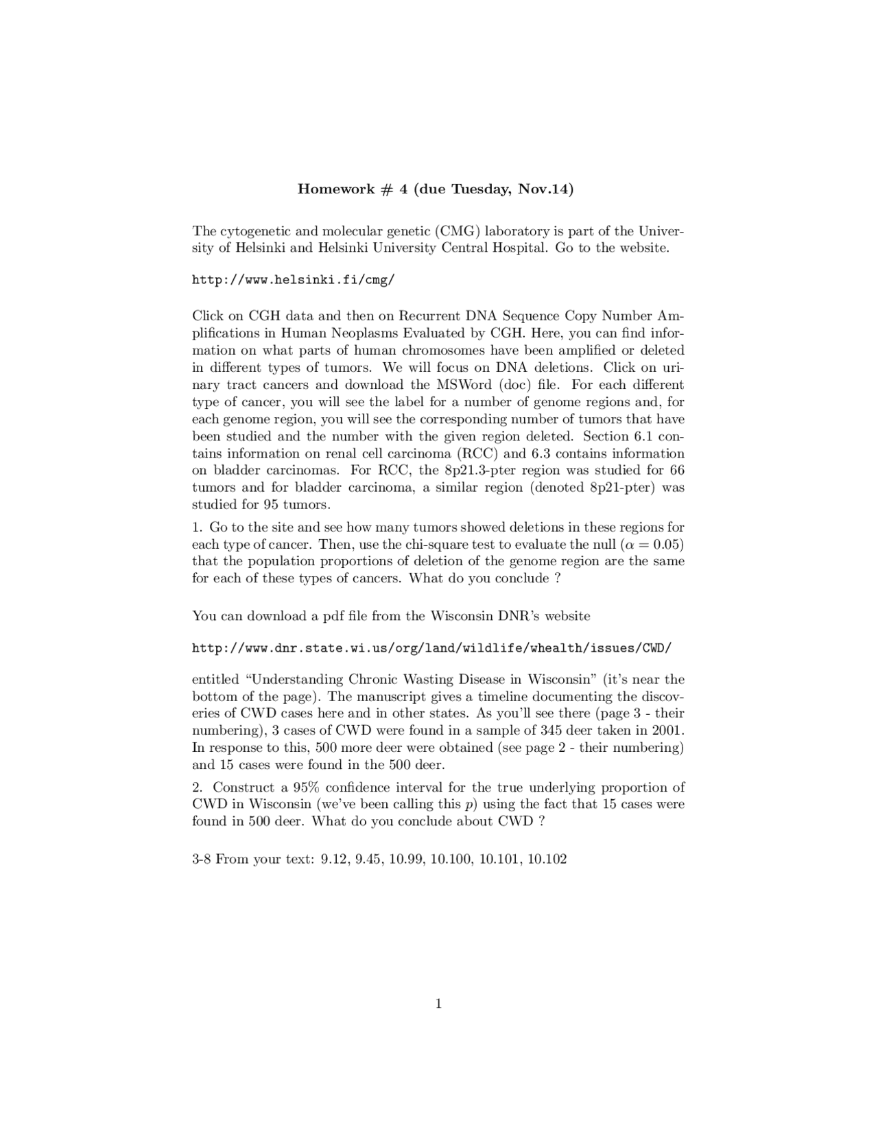 Homework 4 Questions Introduction To Biostatistics Stat 541 Docsity
