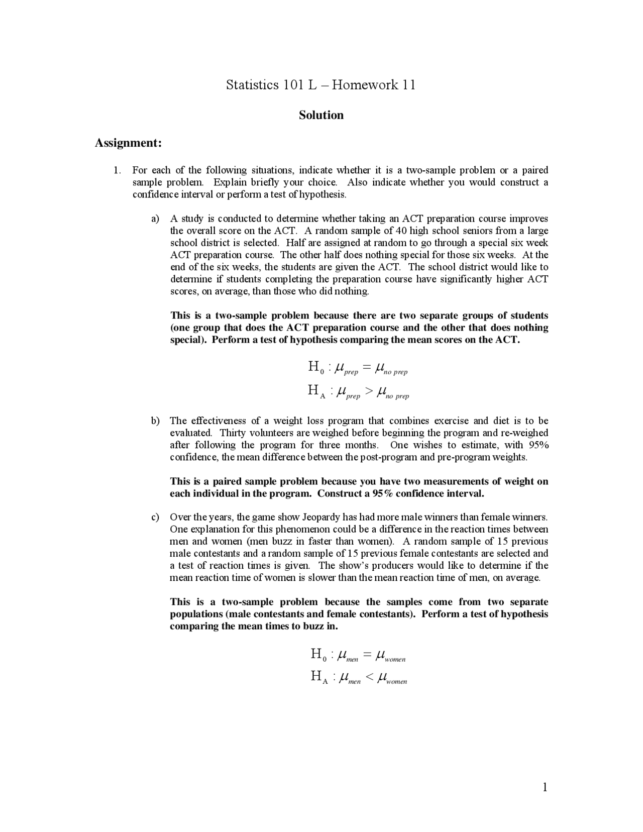 Principles Of Statistics Homework 11 With Solutions Stat 101 Docsity