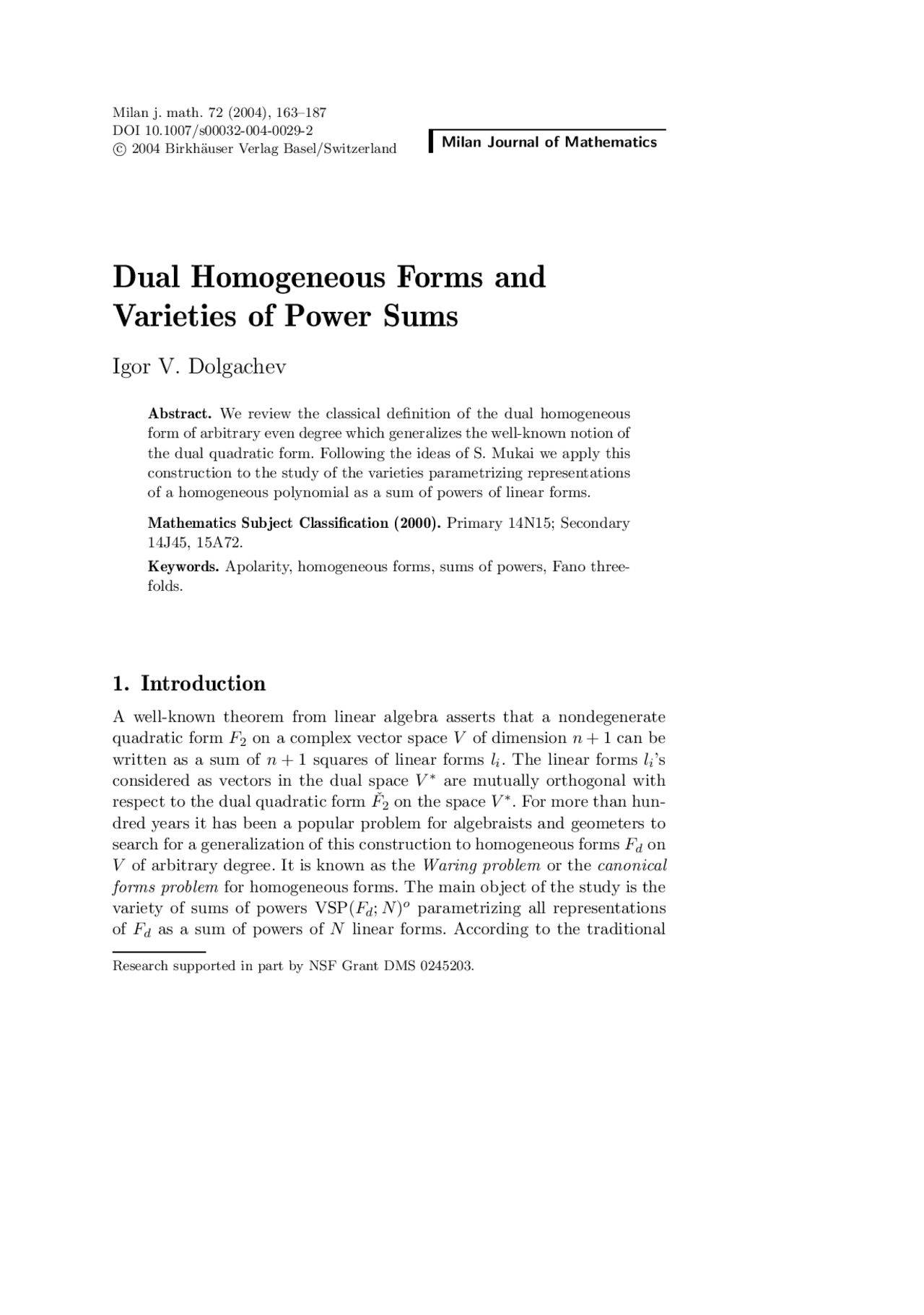 Dual Homogeneous Forms and Varieties of Power Sums - Probability | MATH ...