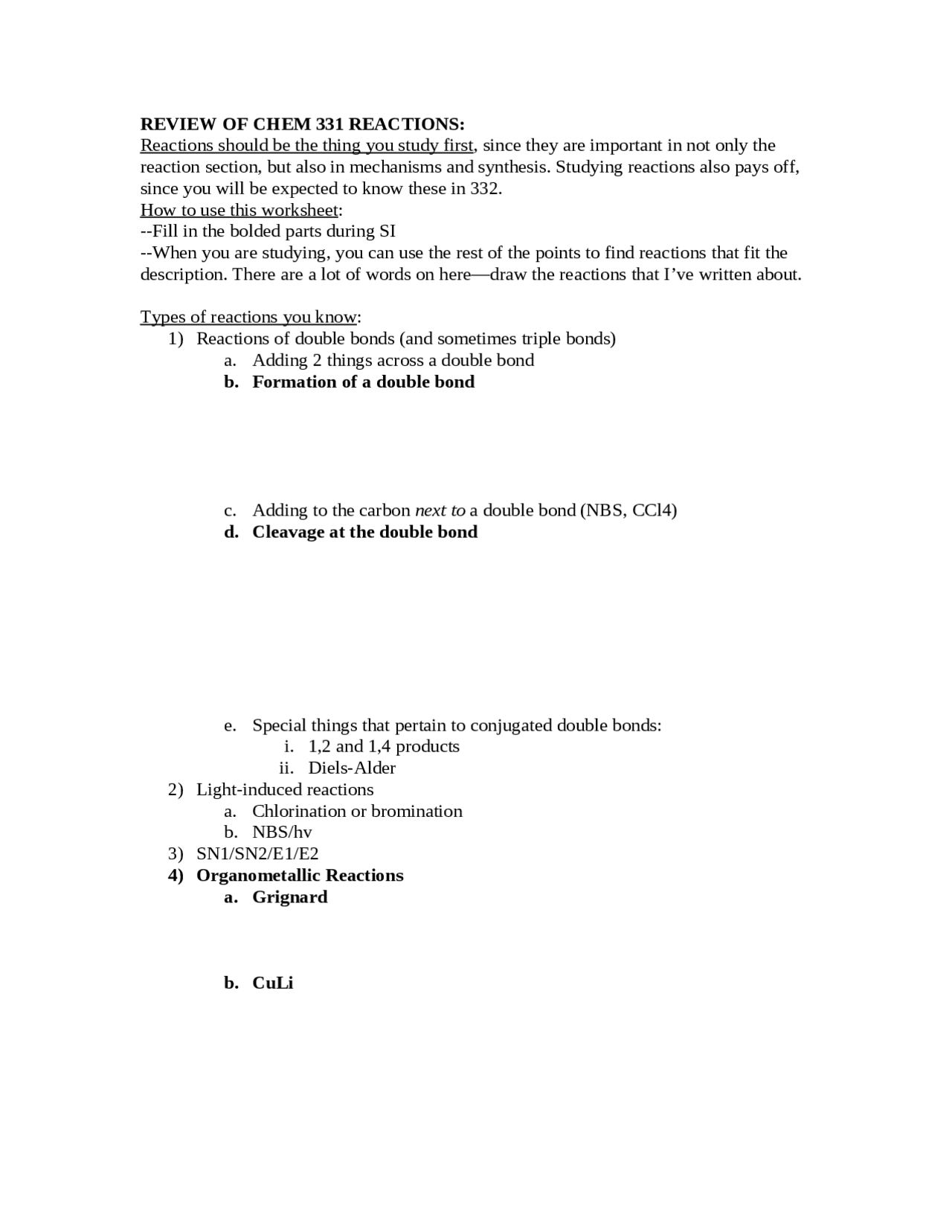Review of Chemical Reactions - Organic Chemistry | CHEM 331 - Docsity