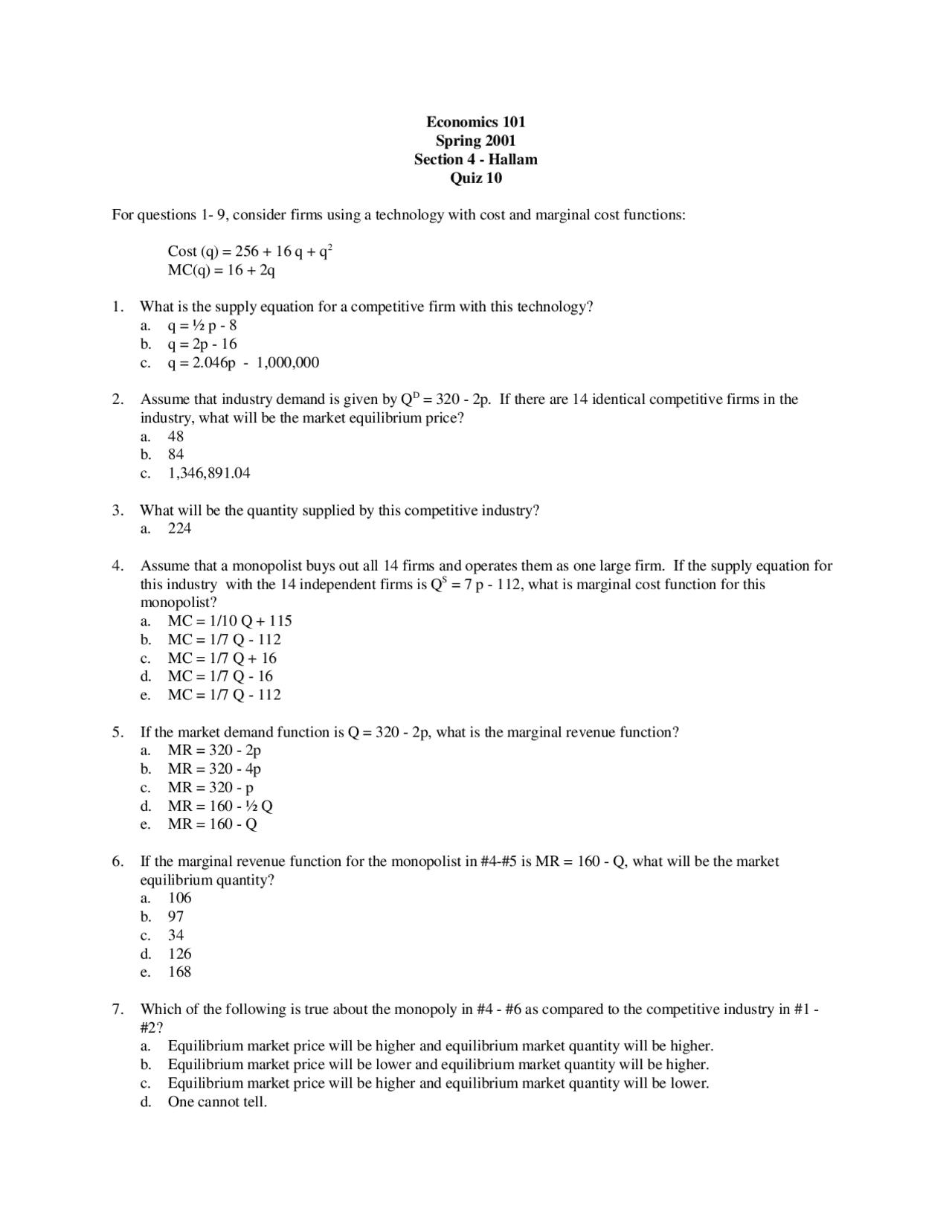 Practice Quiz 10 With Solutions Principles Of Microeconomics Econ