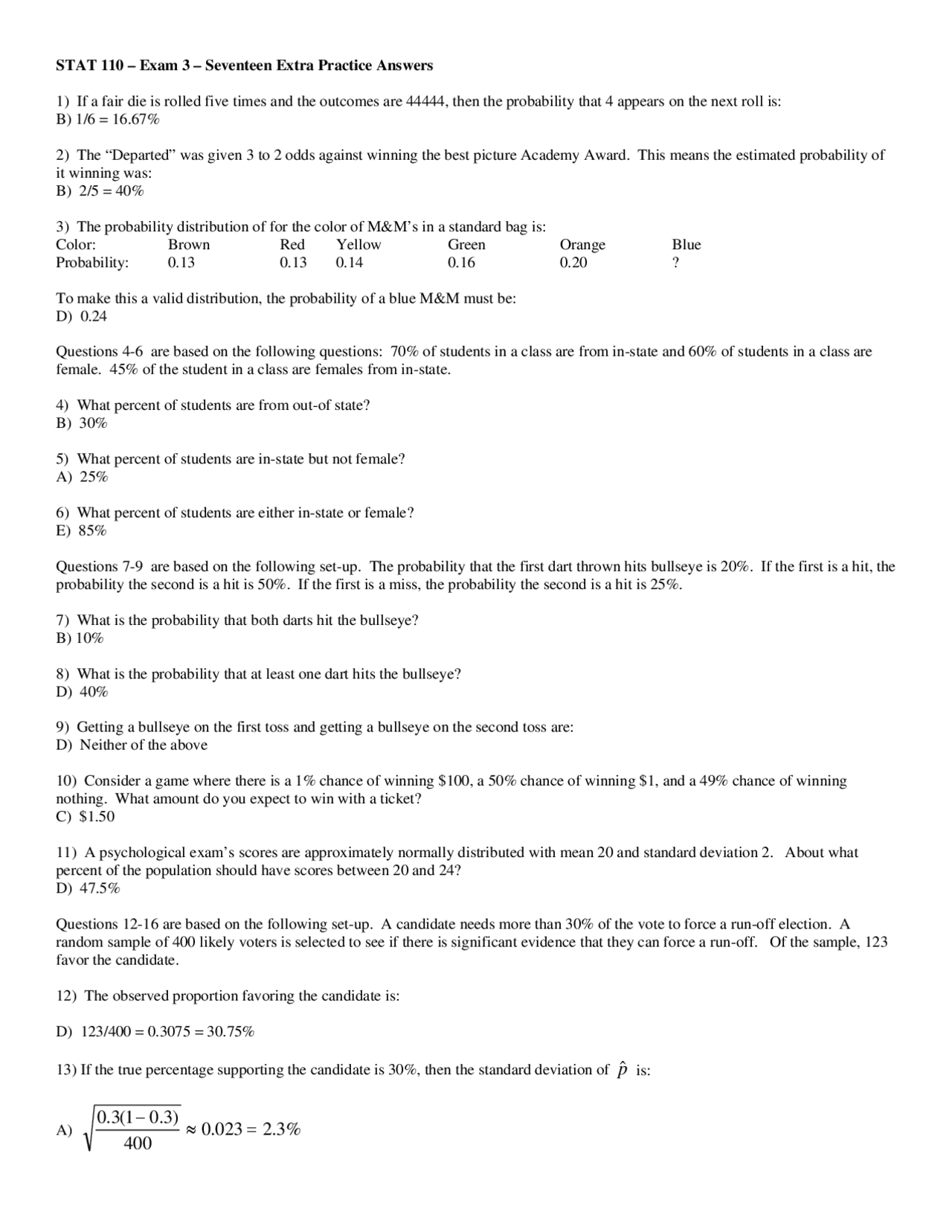 17 Questions On Statistical Reasoning With Answers Exam 3 Stat 110