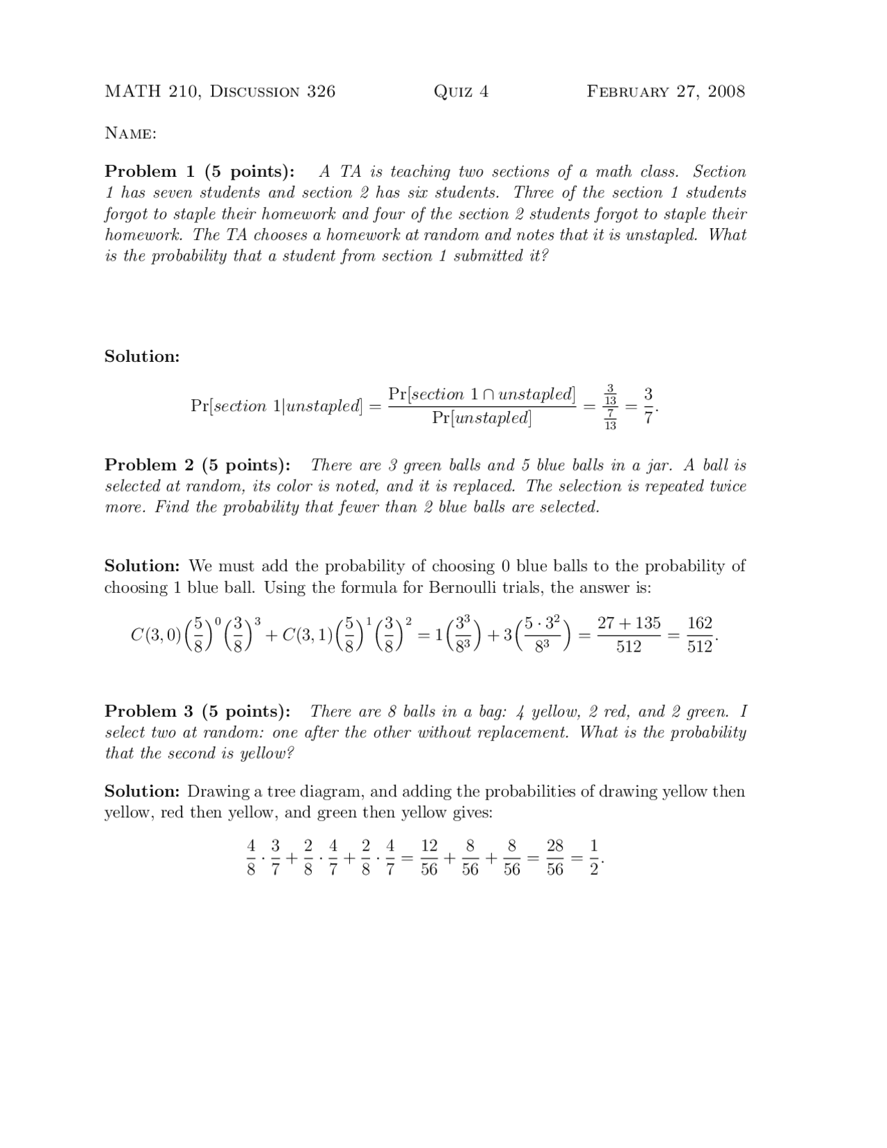 3 Solved Problems For Quiz 4 Topics In Finite Mathematics Math 210