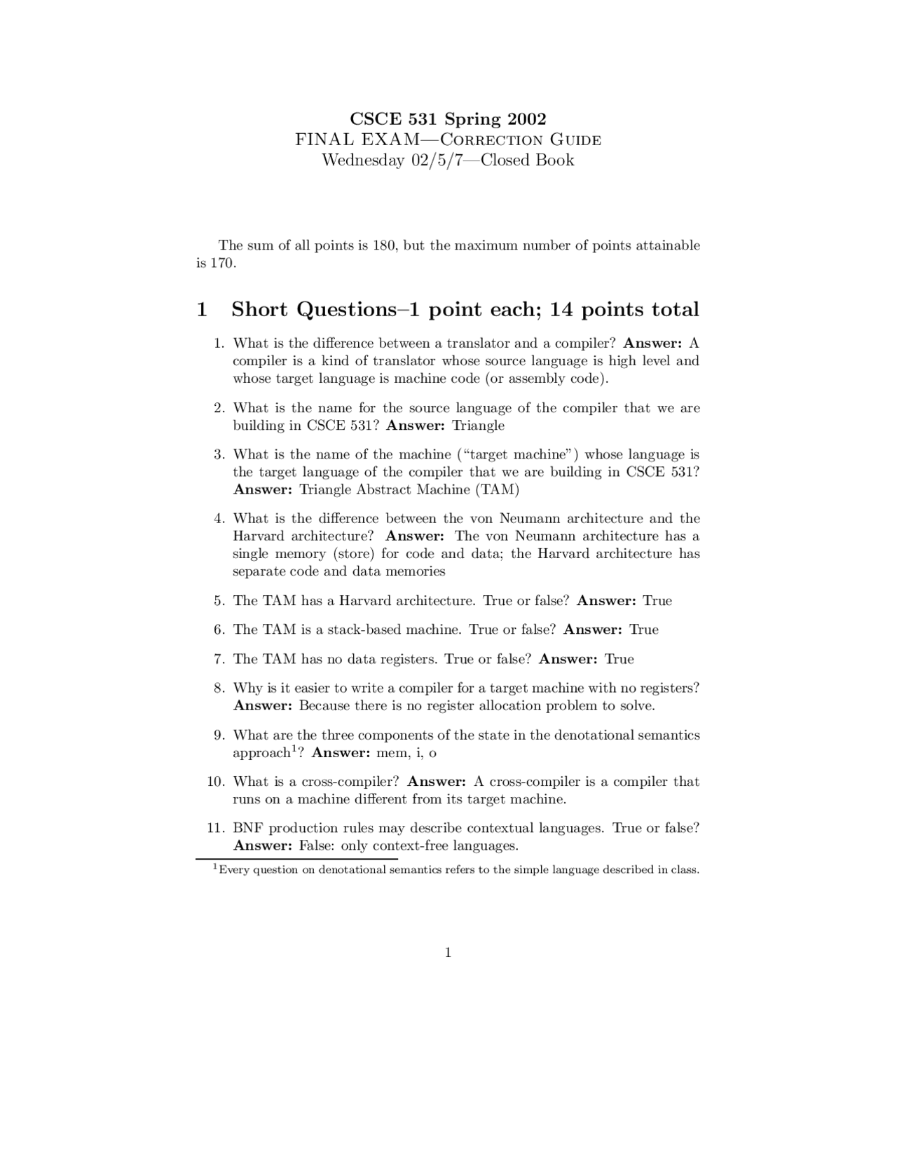 Solved Questions For Final Exam Compiler Construction Csce 531