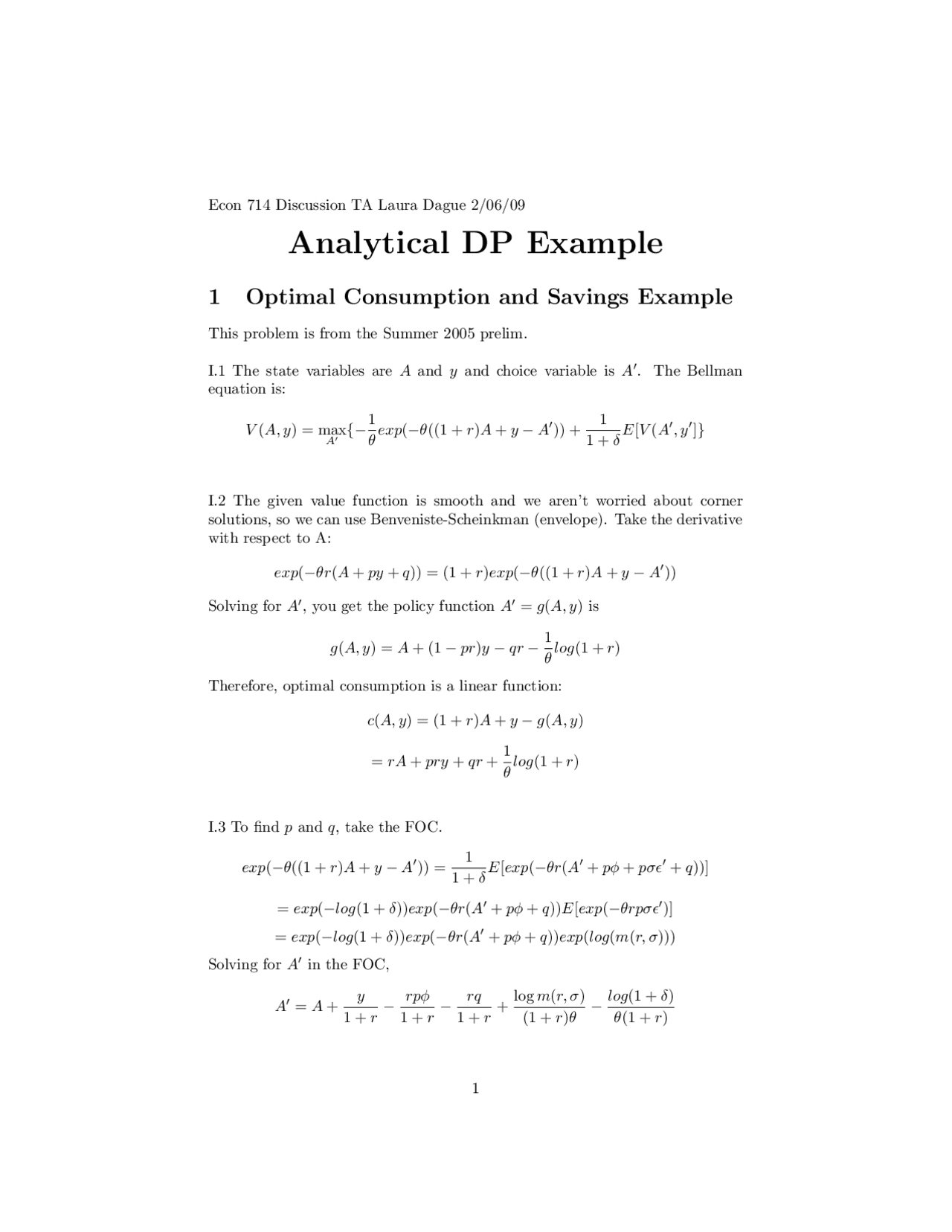 Analytical DP Example - Economic Theory - Docsity