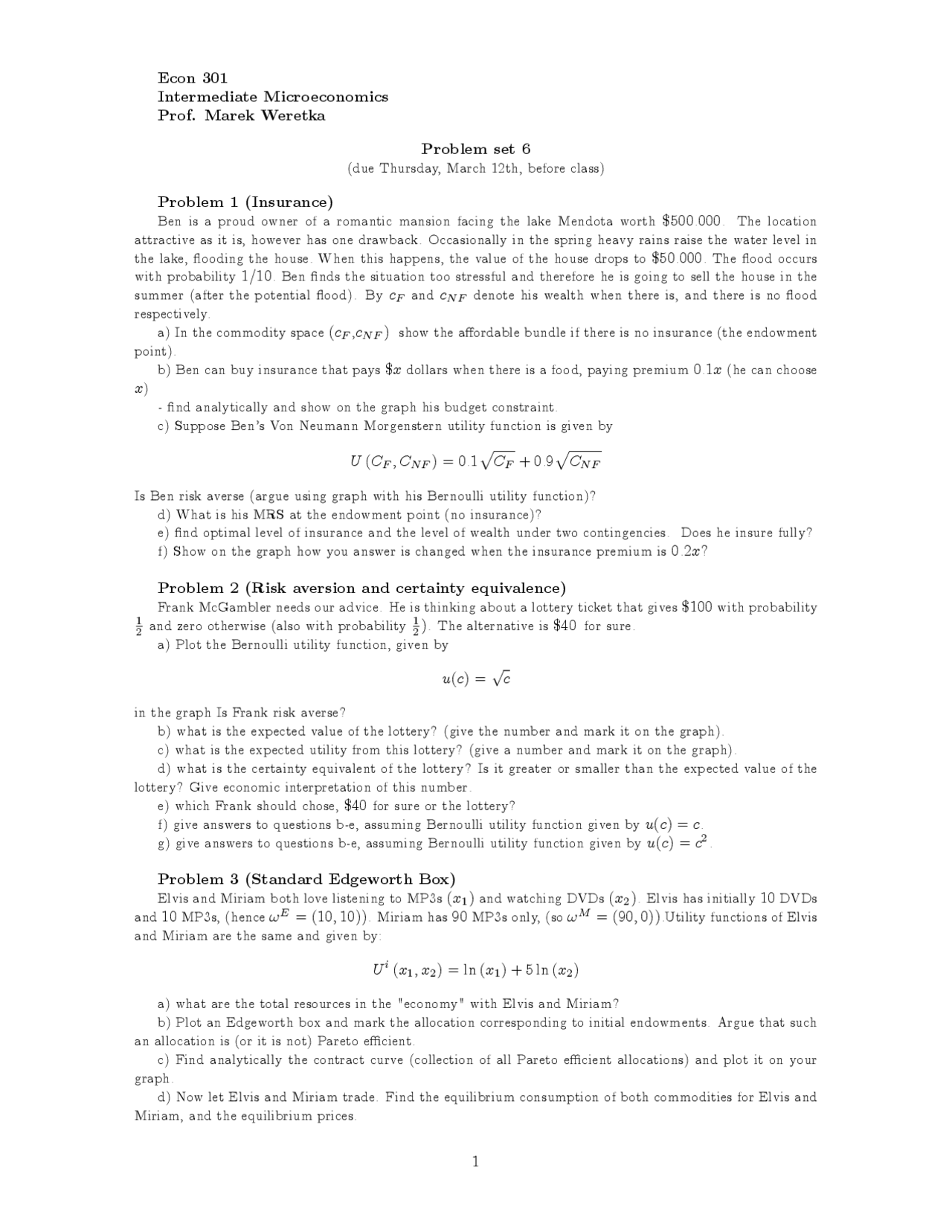 Problem Set For Intermediate Microeconomic Theory Econ 301 Assignments Microeconomics Docsity