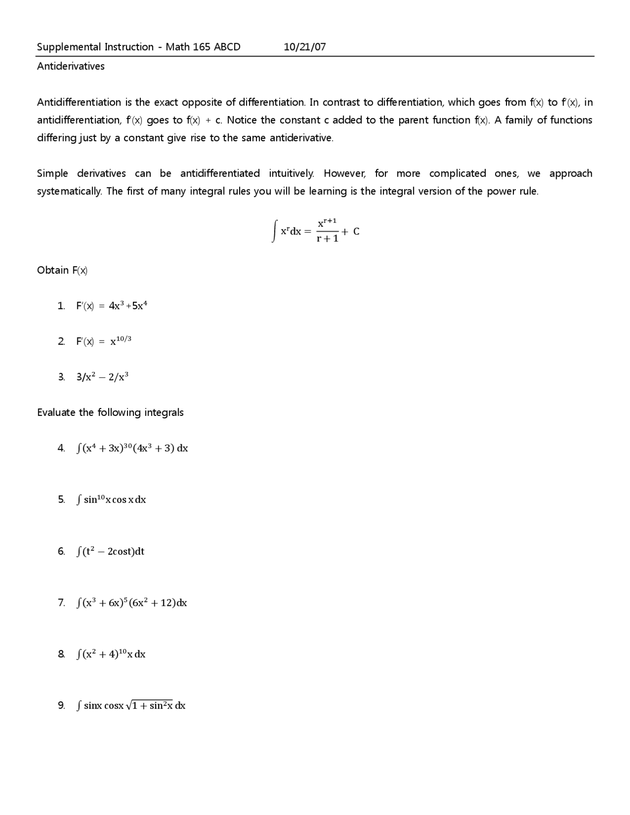Sample Questions Of Antiderivatives Calculus I Math 165 Docsity
