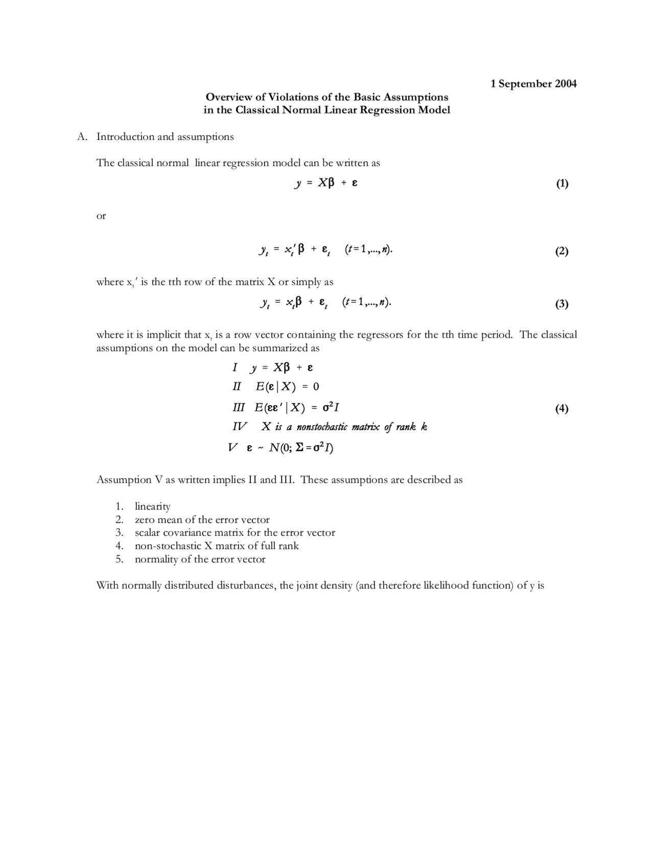 Overview Violation Basic Assumptions in Classical Normal Linear Regression Model | ECON 671 ...