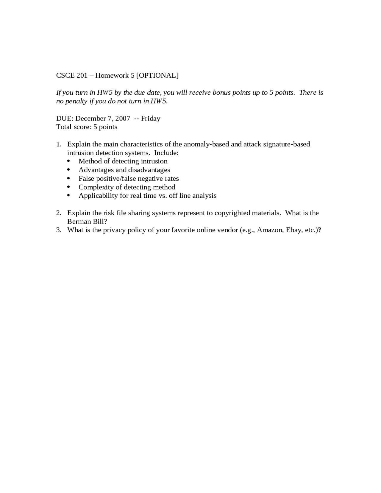 3 Problems On Intrusion Detection Systems Assignment 5 Csce 201 Docsity 4998