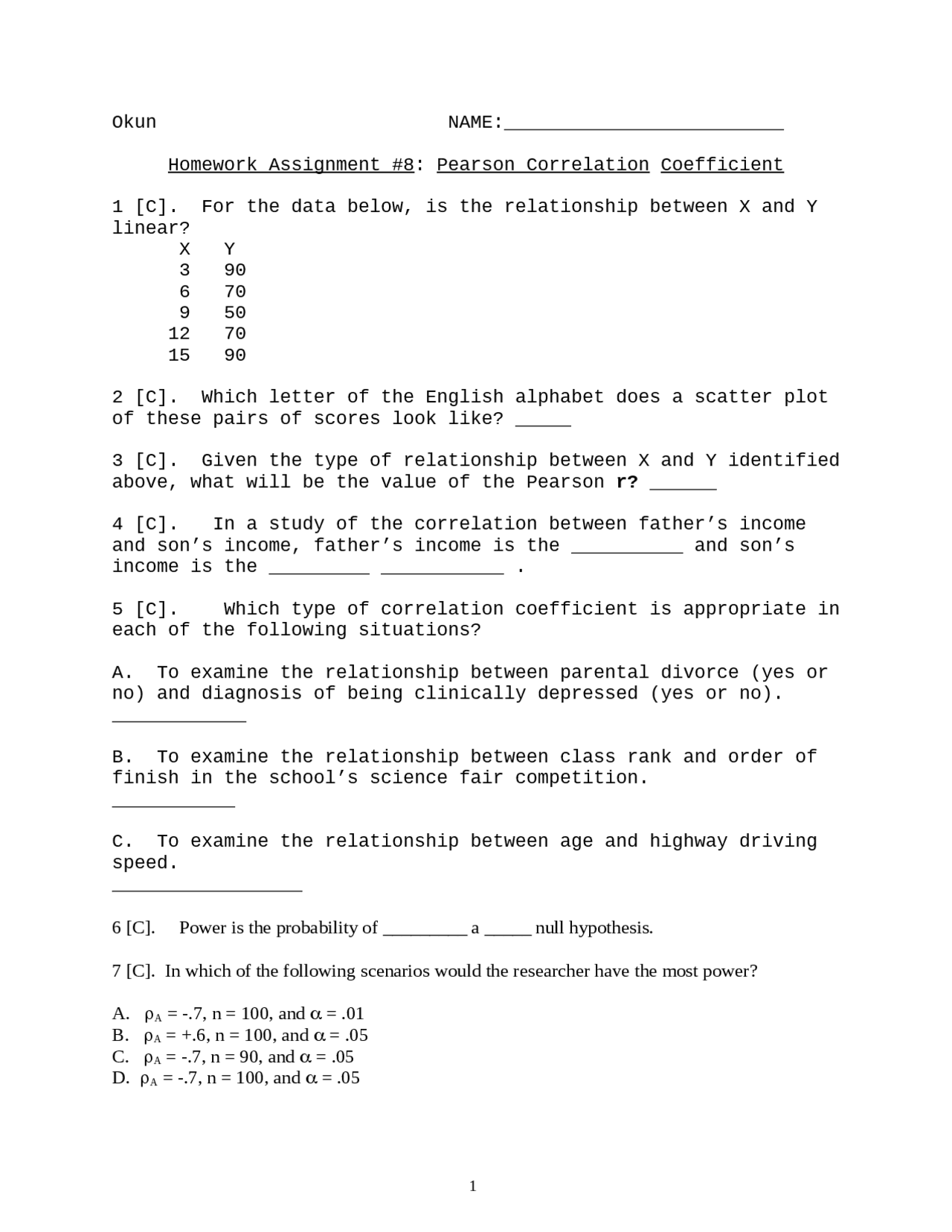Pearson Correlation Coefficients Homework Assignment 8 Psy 230
